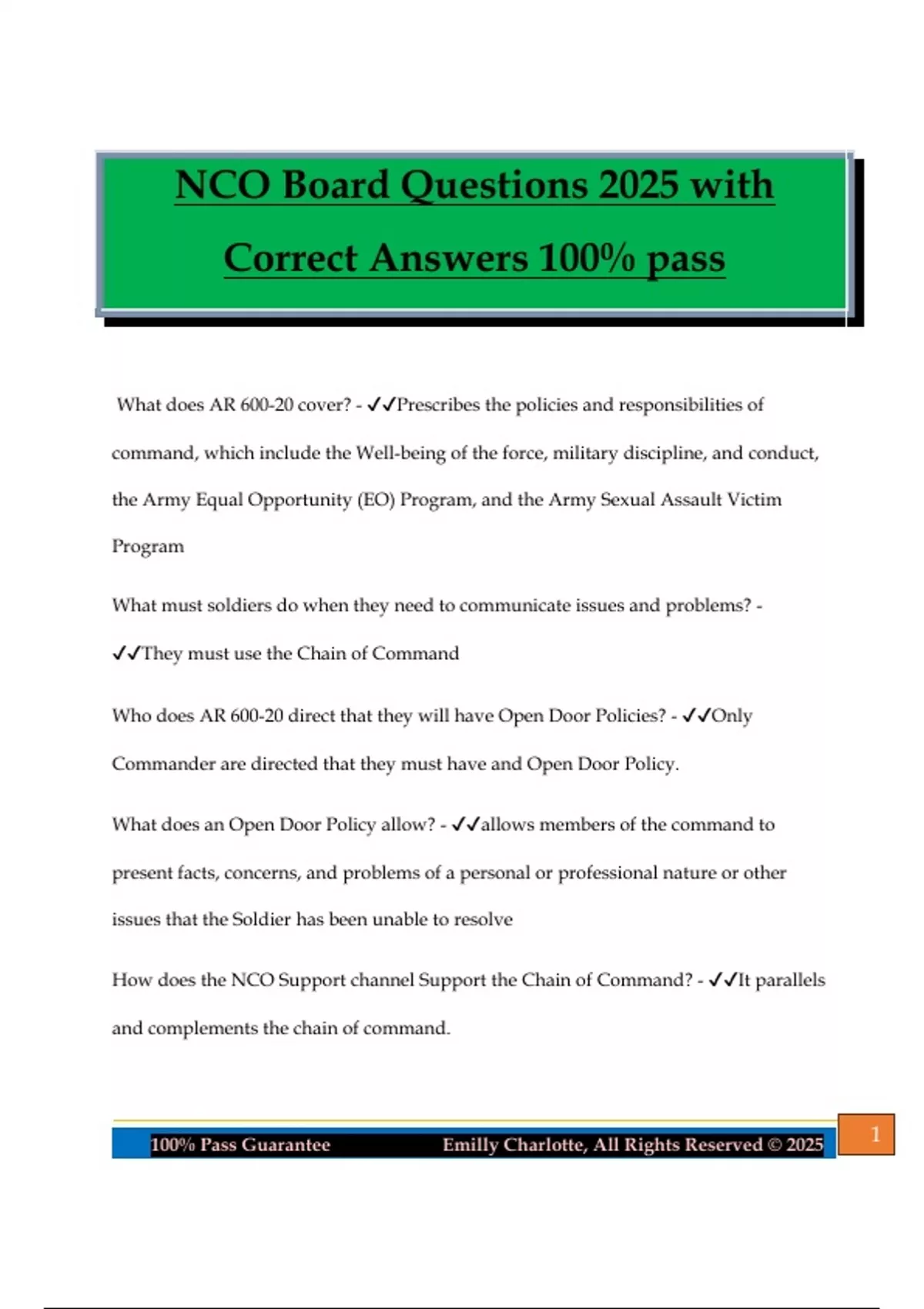 NCO Board Questions 2025 with Correct Answers 100% pass - JROTC NCO Board - Stuvia US
