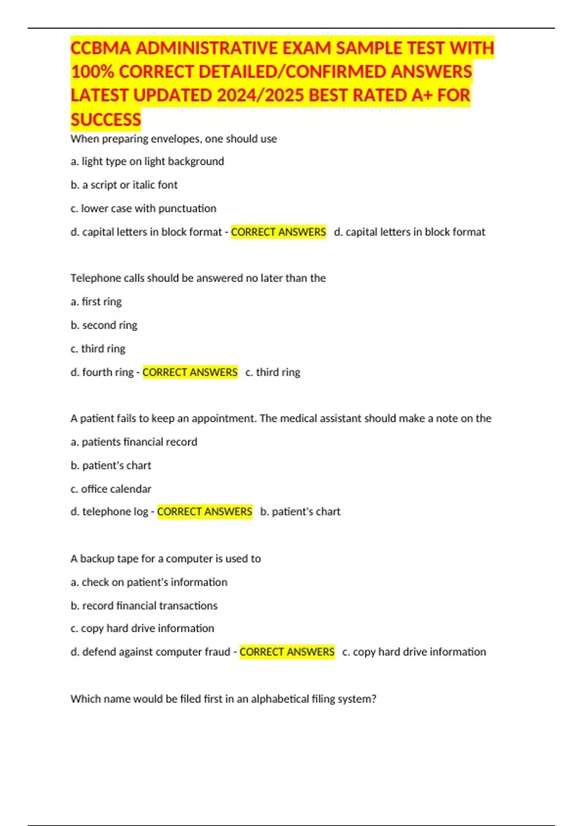 CCBMA ADMINISTRATIVE EXAM SAMPLE TEST WITH 100% CORRECT DETAILED ...