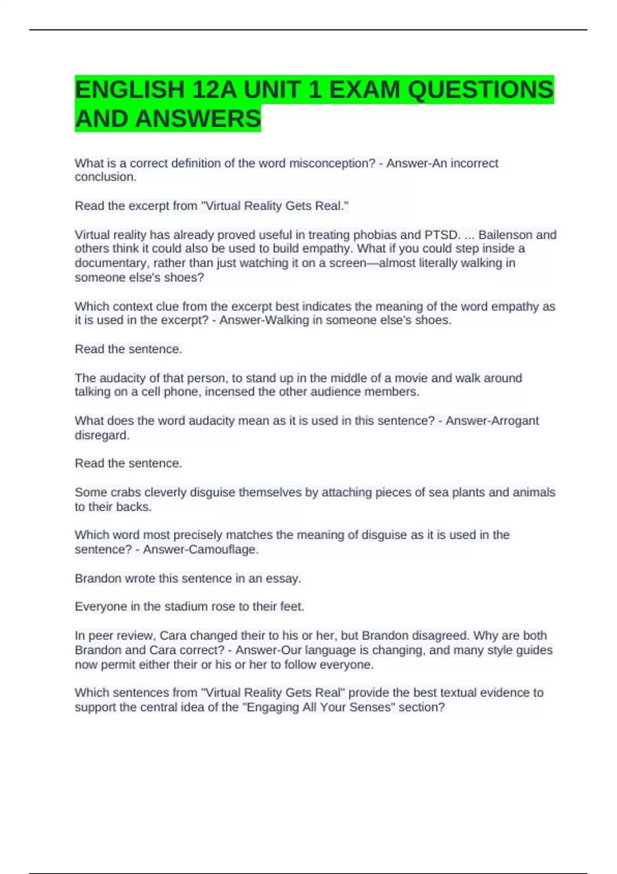 ENGLISH 12A UNIT 1 EXAM QUESTIONS AND ANSWERS - Primavera - Stuvia US