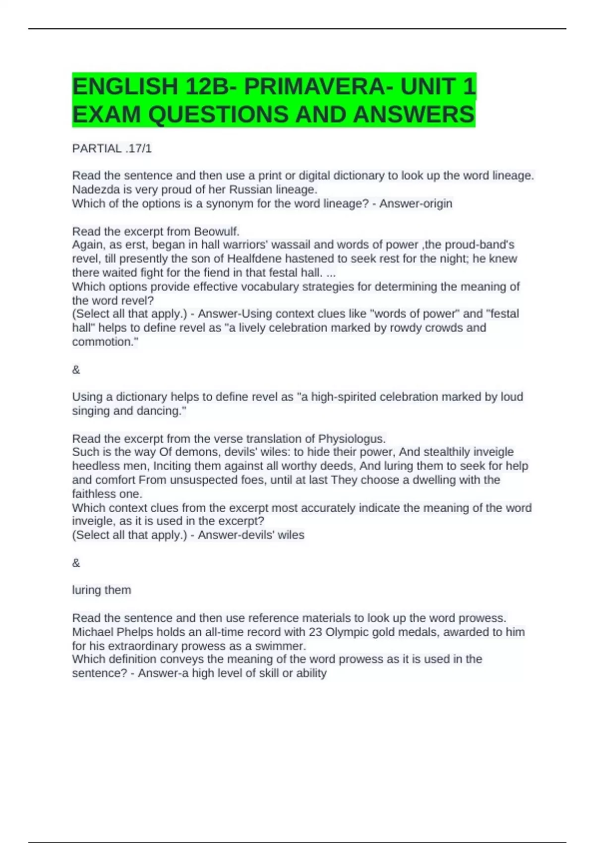 ENGLISH 12B- PRIMAVERA- UNIT 1 EXAM QUESTIONS AND ANSWERS - Primavera ...