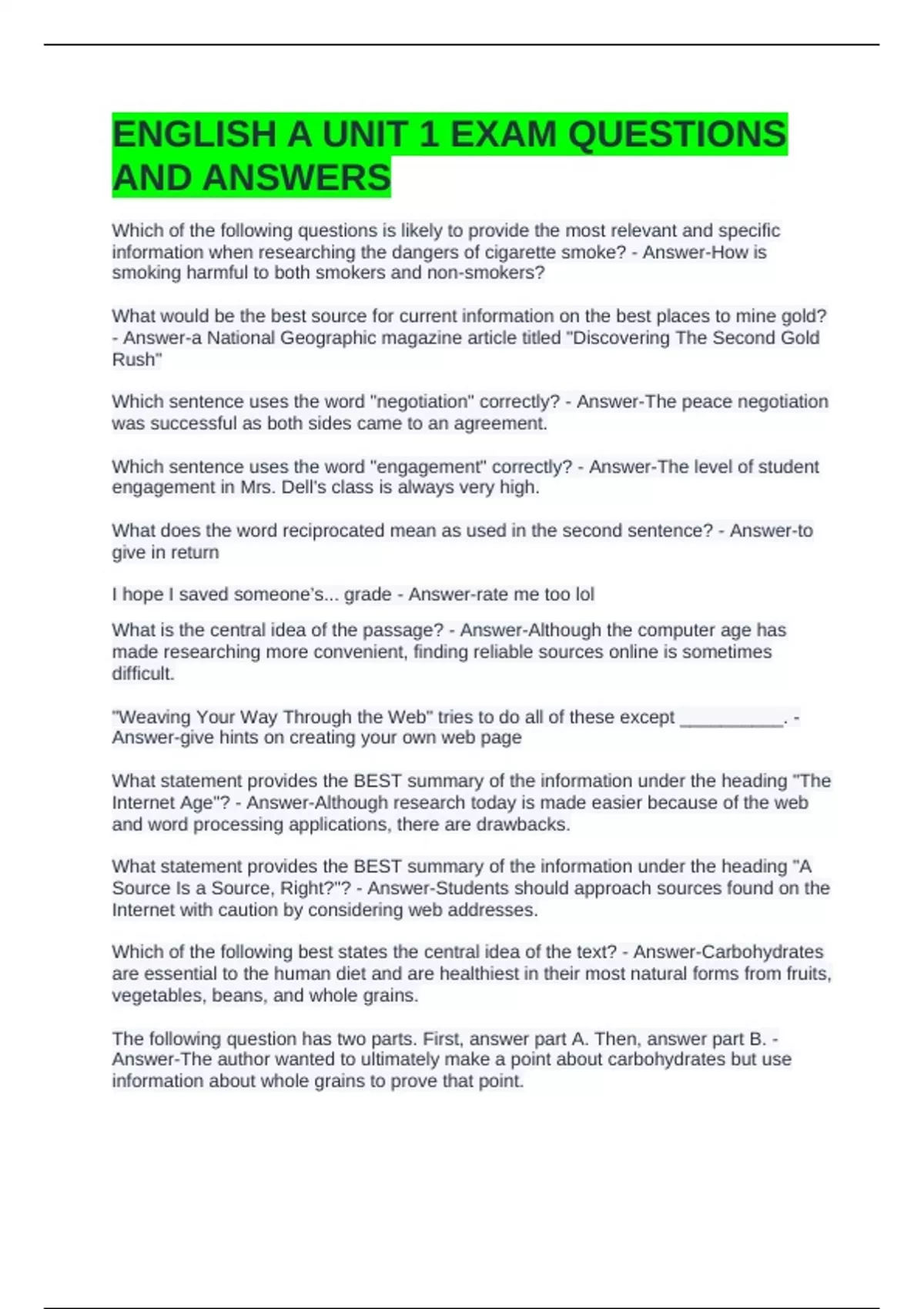 ENGLISH A UNIT 1 EXAM QUESTIONS AND ANSWERS - Primavera - Stuvia US