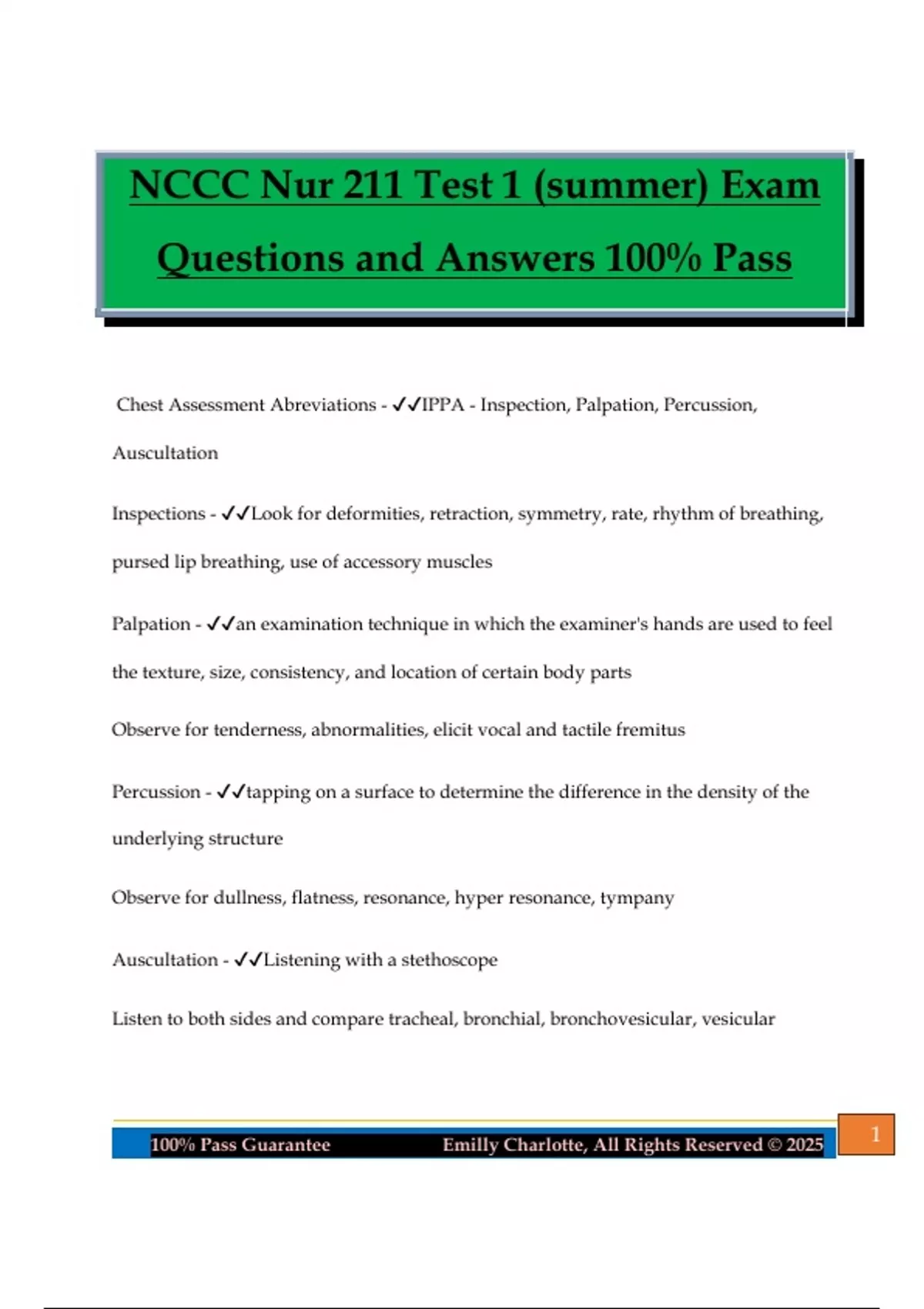 NCCC Nur 211 Test 1 (summer) Exam Questions and Answers 100% Pass - NUR ...