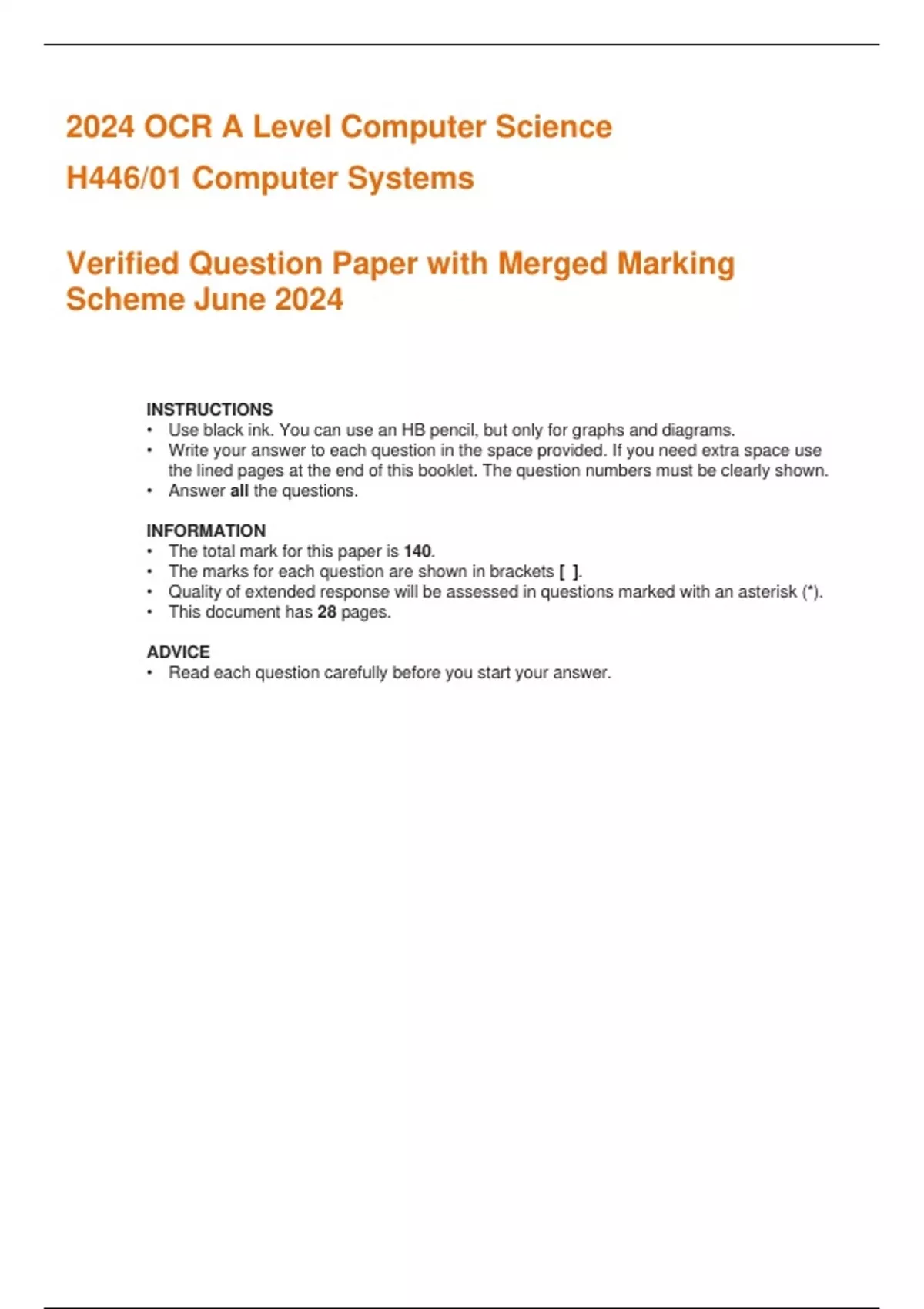 2024 OCR A Level Computer Science H446/01 Computer Systems Verified Question Paper with Merged ...