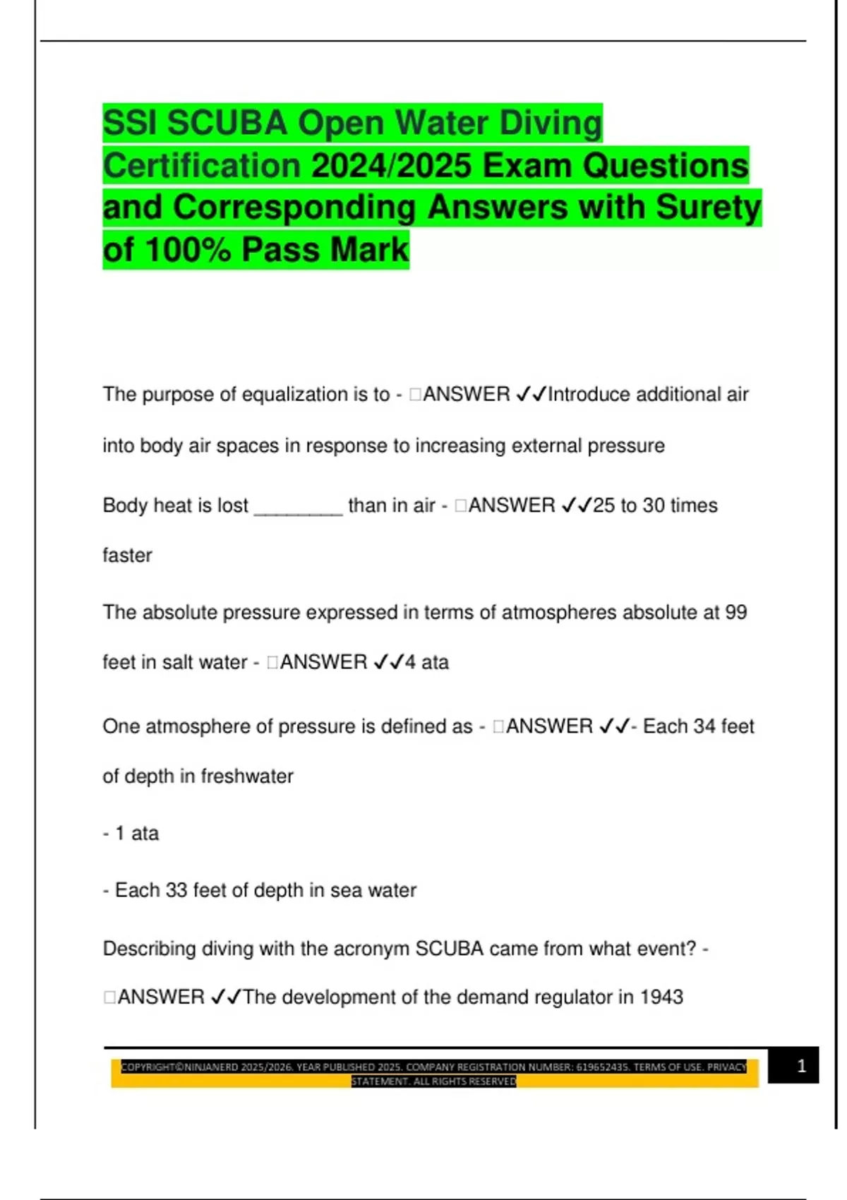 SSI SCUBA Open Water Diving Certification 2024/2025 Exam Questions and Corresponding Answers ...