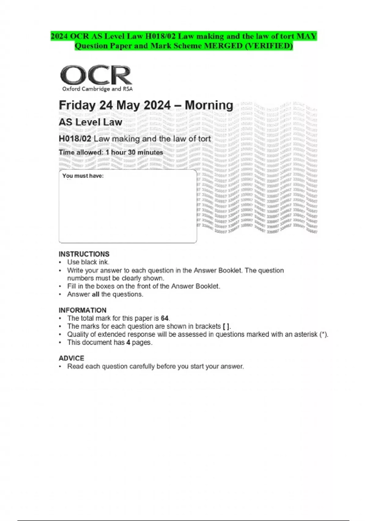 2024 OCR AS Level Law H018/02 Law making and the law of tort MAY ...