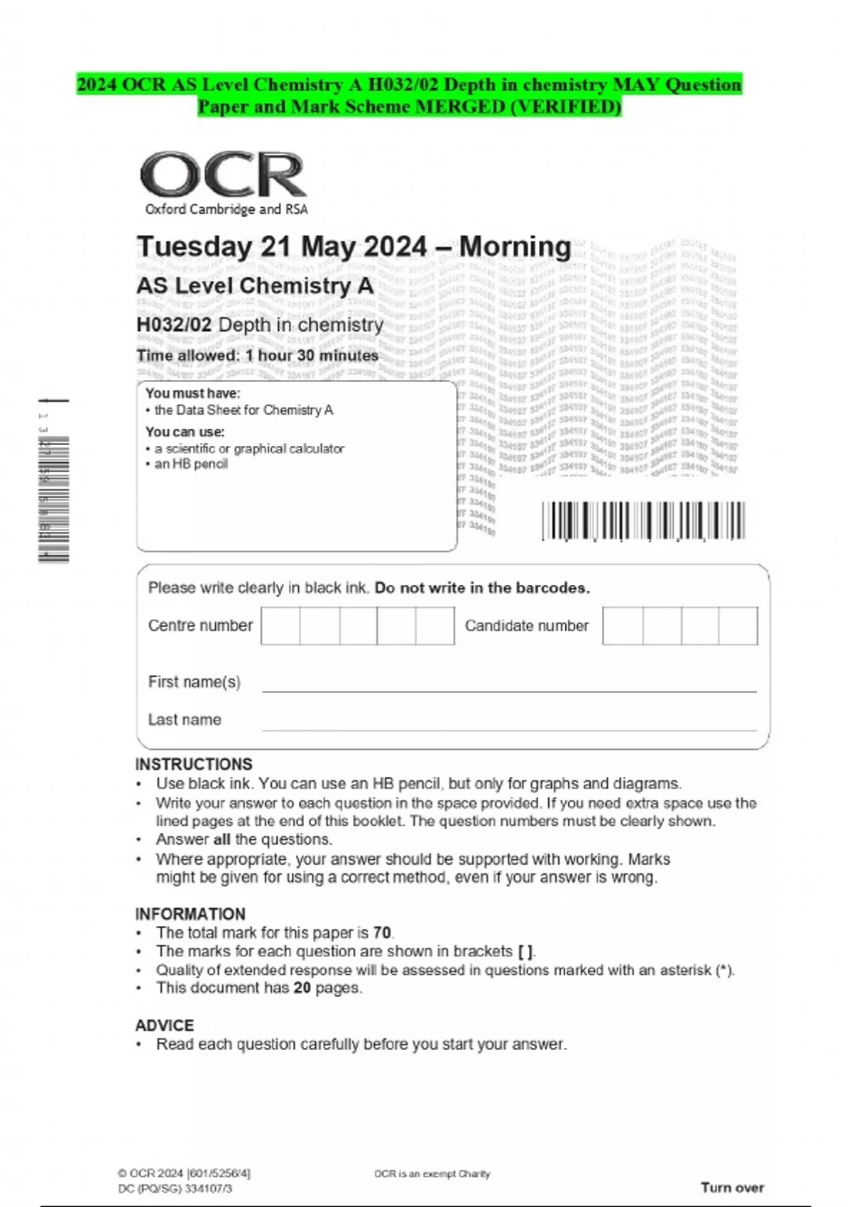 2024 OCR AS Level Chemistry A H032/02 Depth in chemistry MAY Question Paper and Mark Scheme ...