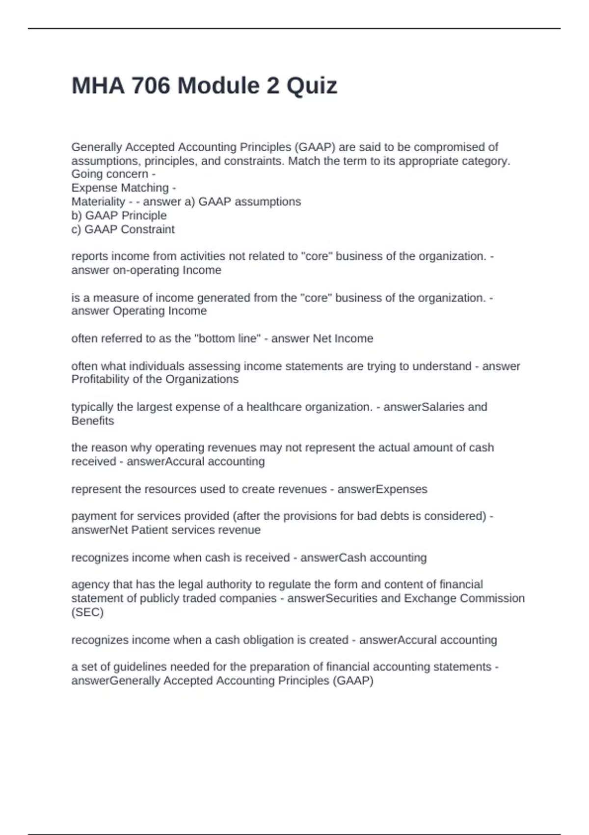 MHA 706 Module 2 Quiz Questions and Answers Fully Solved - Mha 706 ...