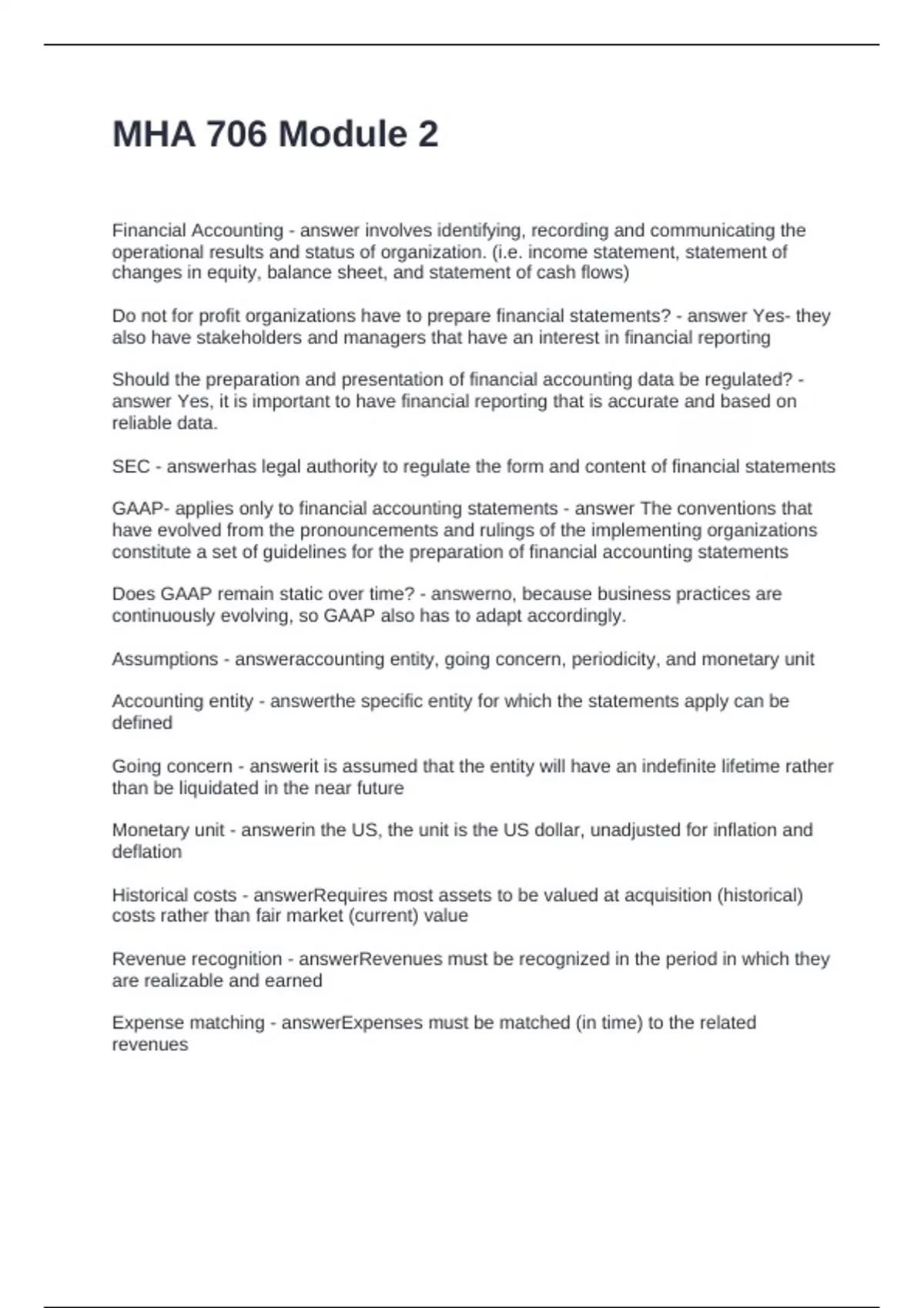 MHA 706 Module 2 Questions and Answers Rated A+ - Mha 706 - Stuvia US