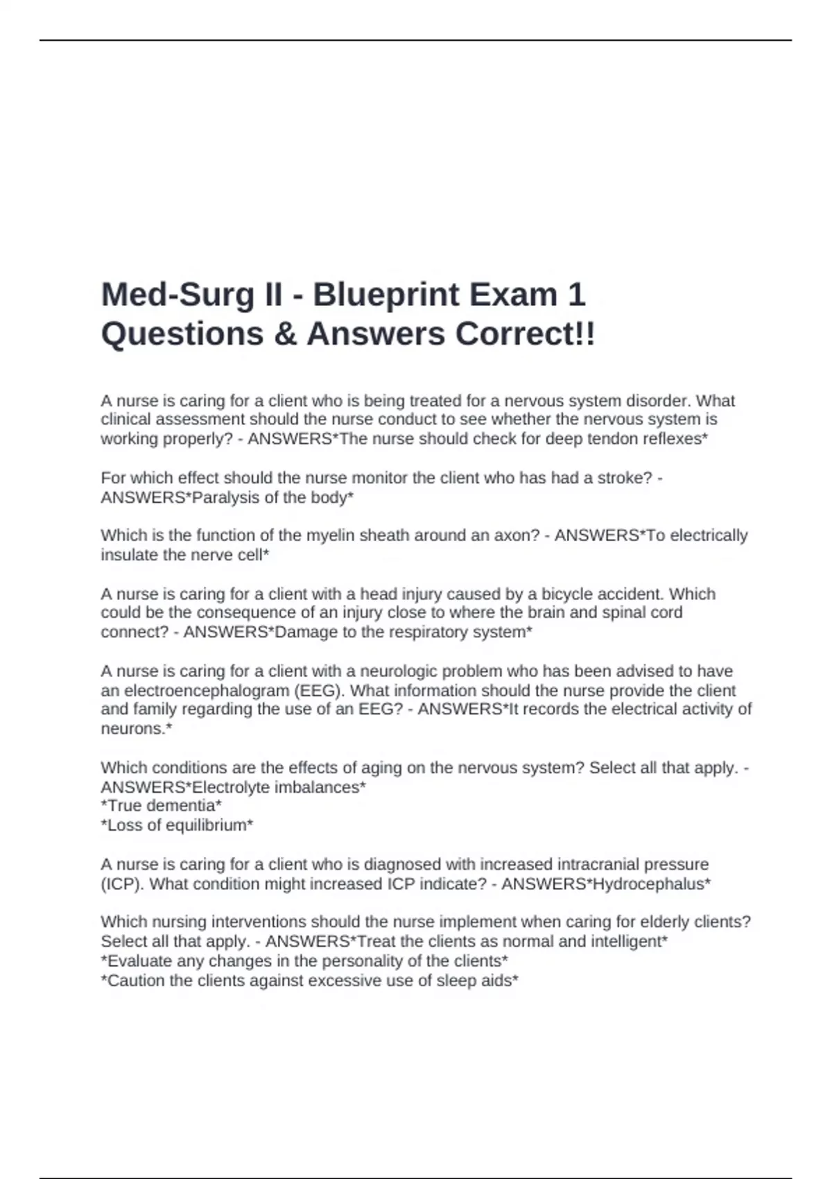 Med-Surg II - Blueprint Exam 1 Questions & Answers Correct!! - Med-Surg ...