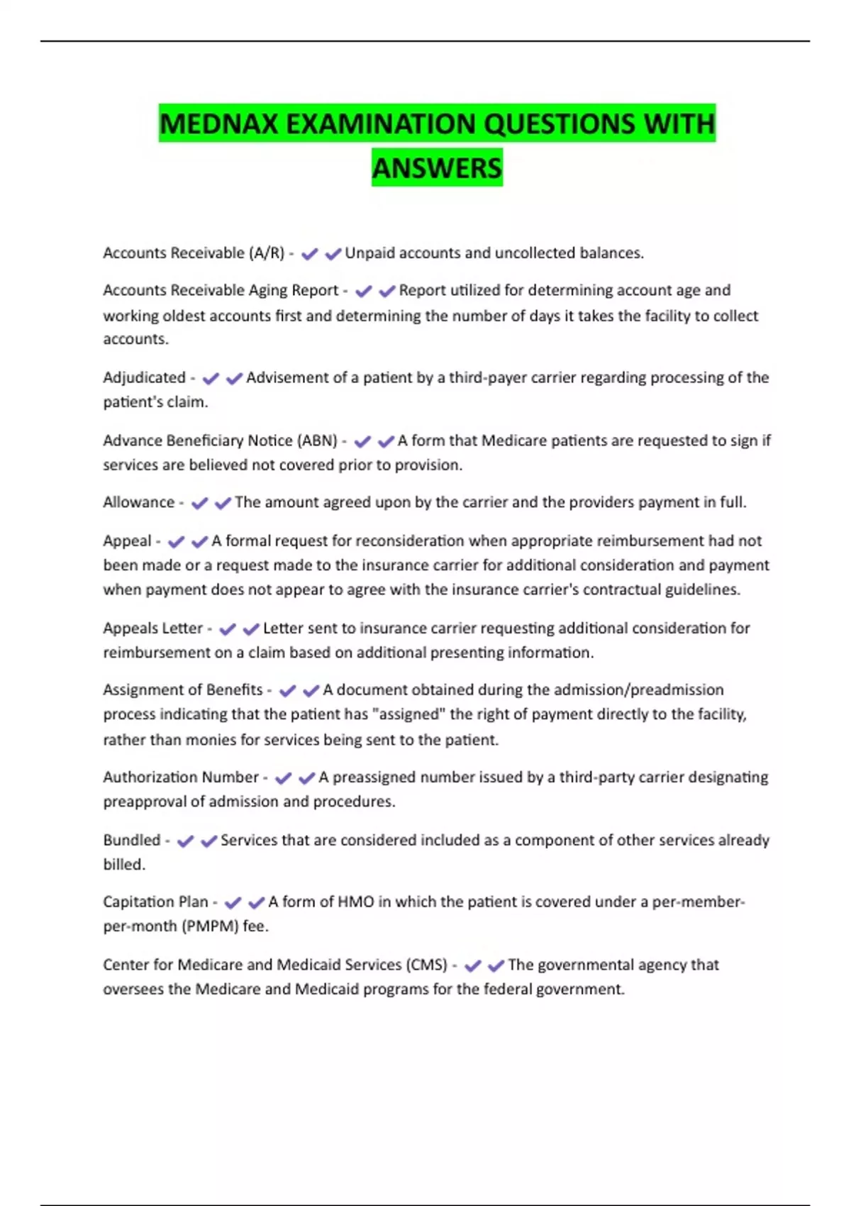 MEDNAX EXAMINATION QUESTIONS WITH ANSWERS - MEDX - Stuvia US