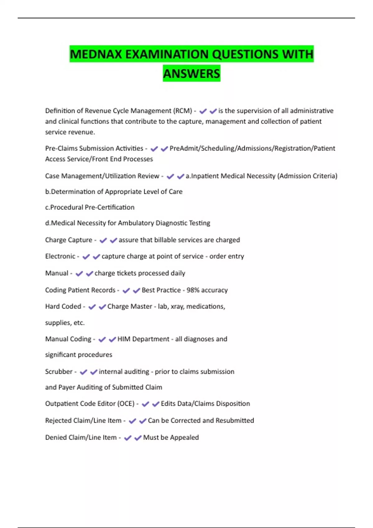 MEDNAX EXAMINATION QUESTIONS WITH ANSWERS - MEDX - Stuvia US