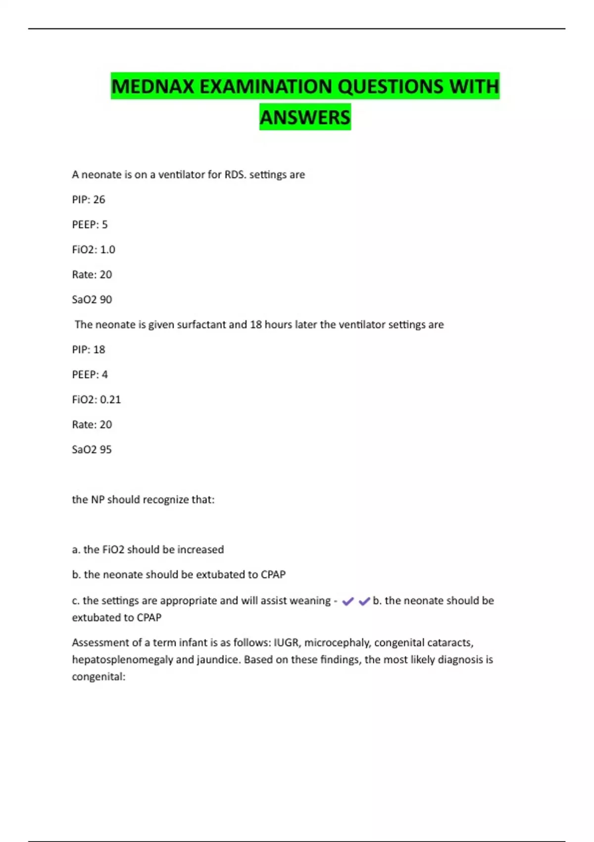 MEDNAX prep assessment guide(the latest quizzes) AND VERIFIED ANSWERS ...