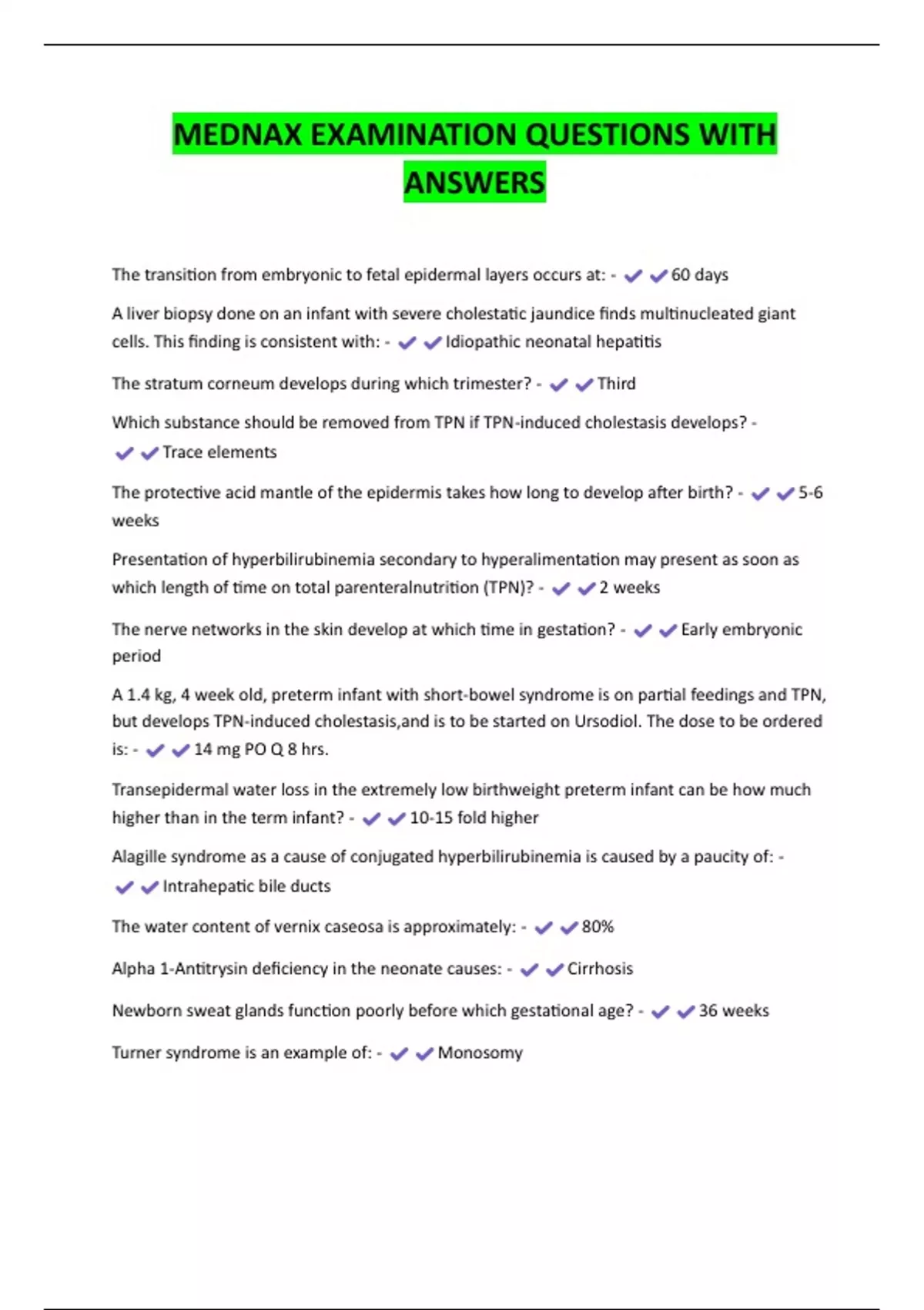 MEDNAX EXAMINATION QUESTIONS WITH ANSWERS - MEDX - Stuvia US