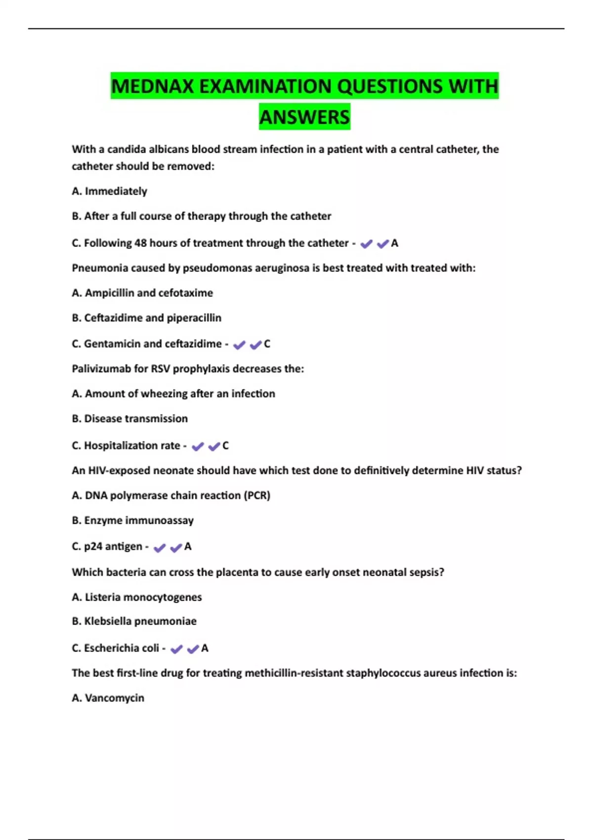 MEDNAX EXAMINATION QUESTIONS WITH ANSWERS - MEDX - Stuvia US
