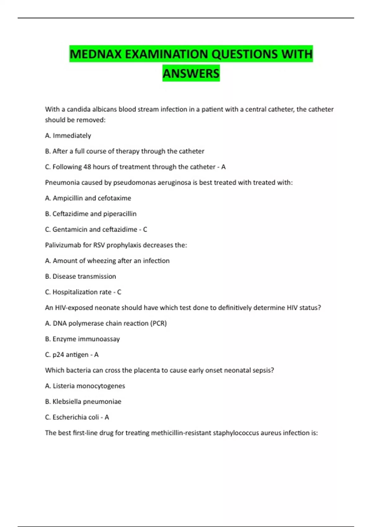 MEDNAX EXAMINATION QUESTIONS WITH ANSWERS - MEDX - Stuvia US