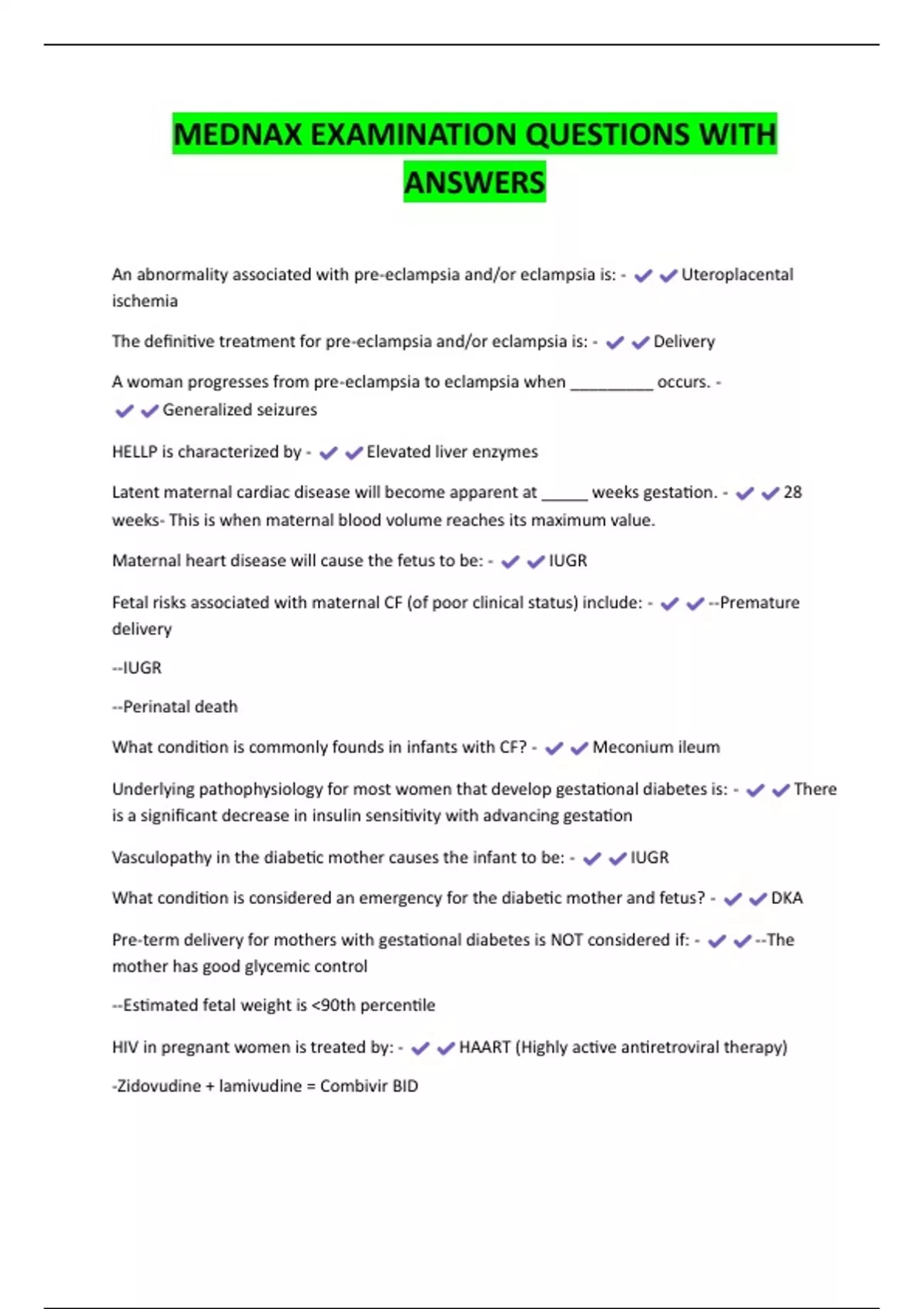 MEDNAX EXAMINATION QUESTIONS WITH ANSWERS - MEDX - Stuvia US