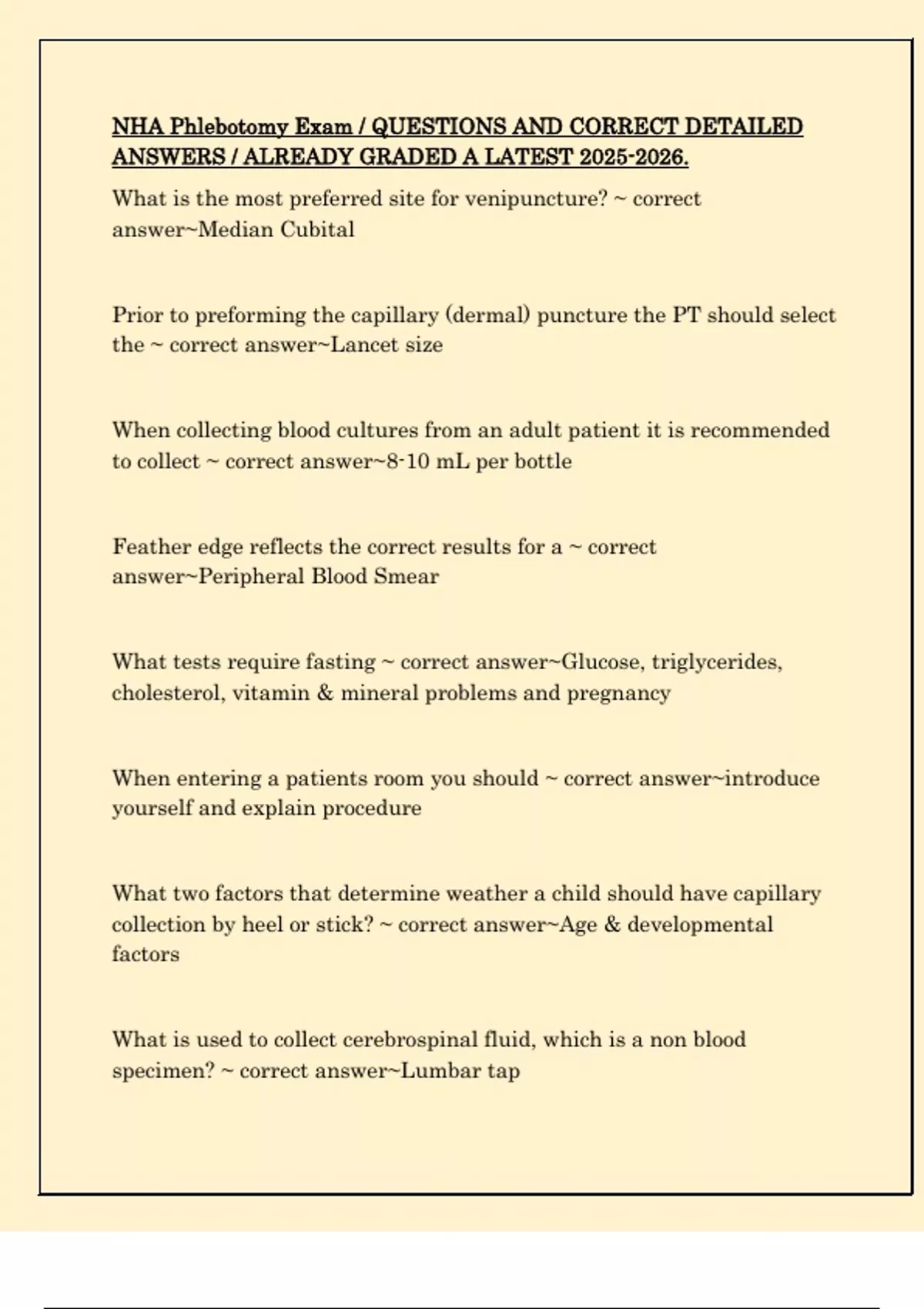 NHA Phlebotomy Exam / QUESTIONS AND CORRECT DETAILED ANSWERS / ALREADY ...