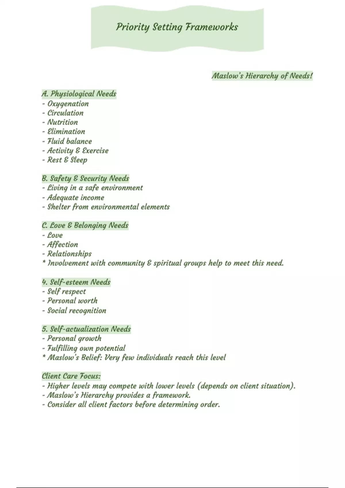 Priority Settings Frameworks - Fundamentals of Nursing - Stuvia US