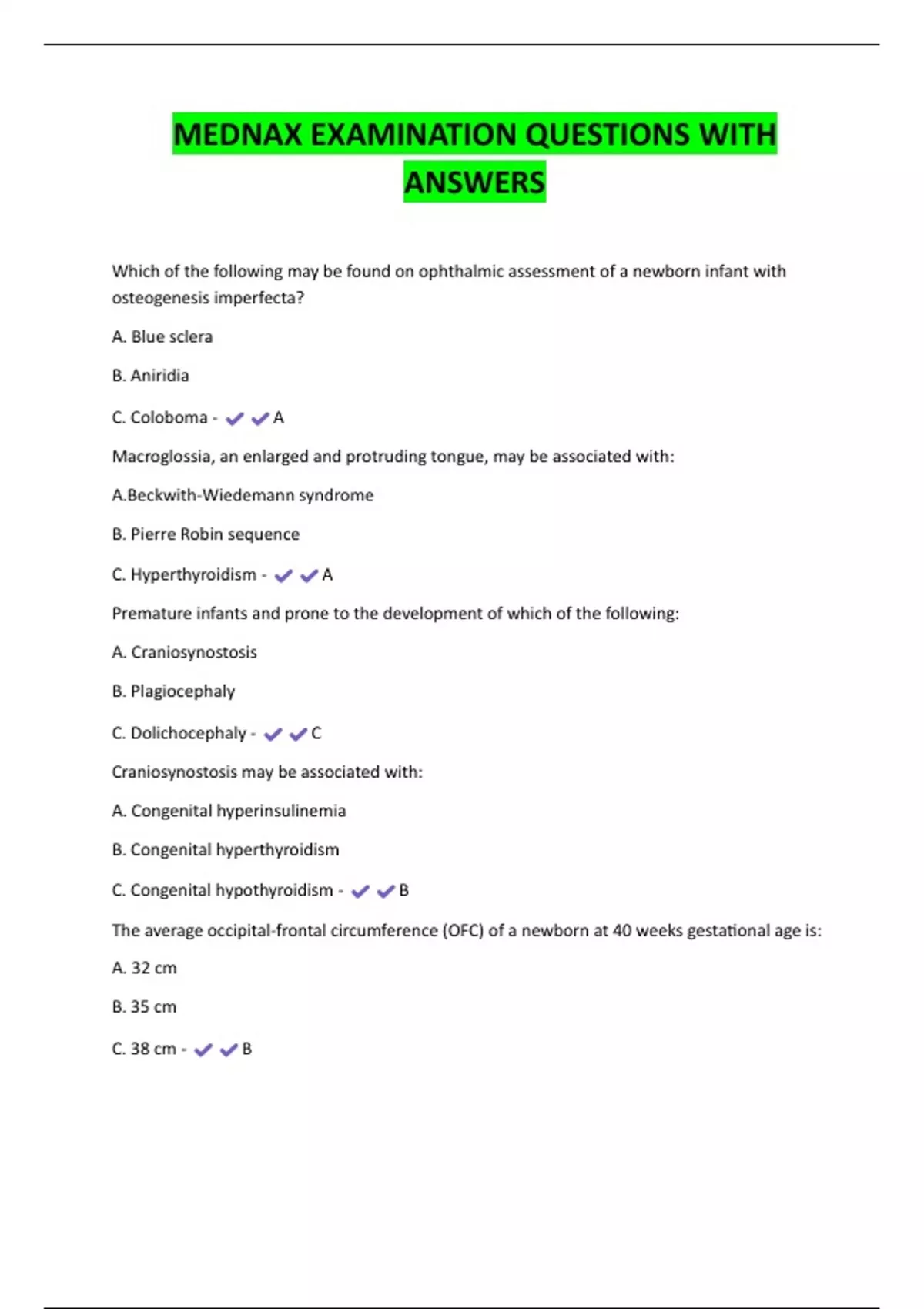 MEDNAX EXAMINATION QUESTIONS WITH ANSWERS - MEDX - Stuvia US