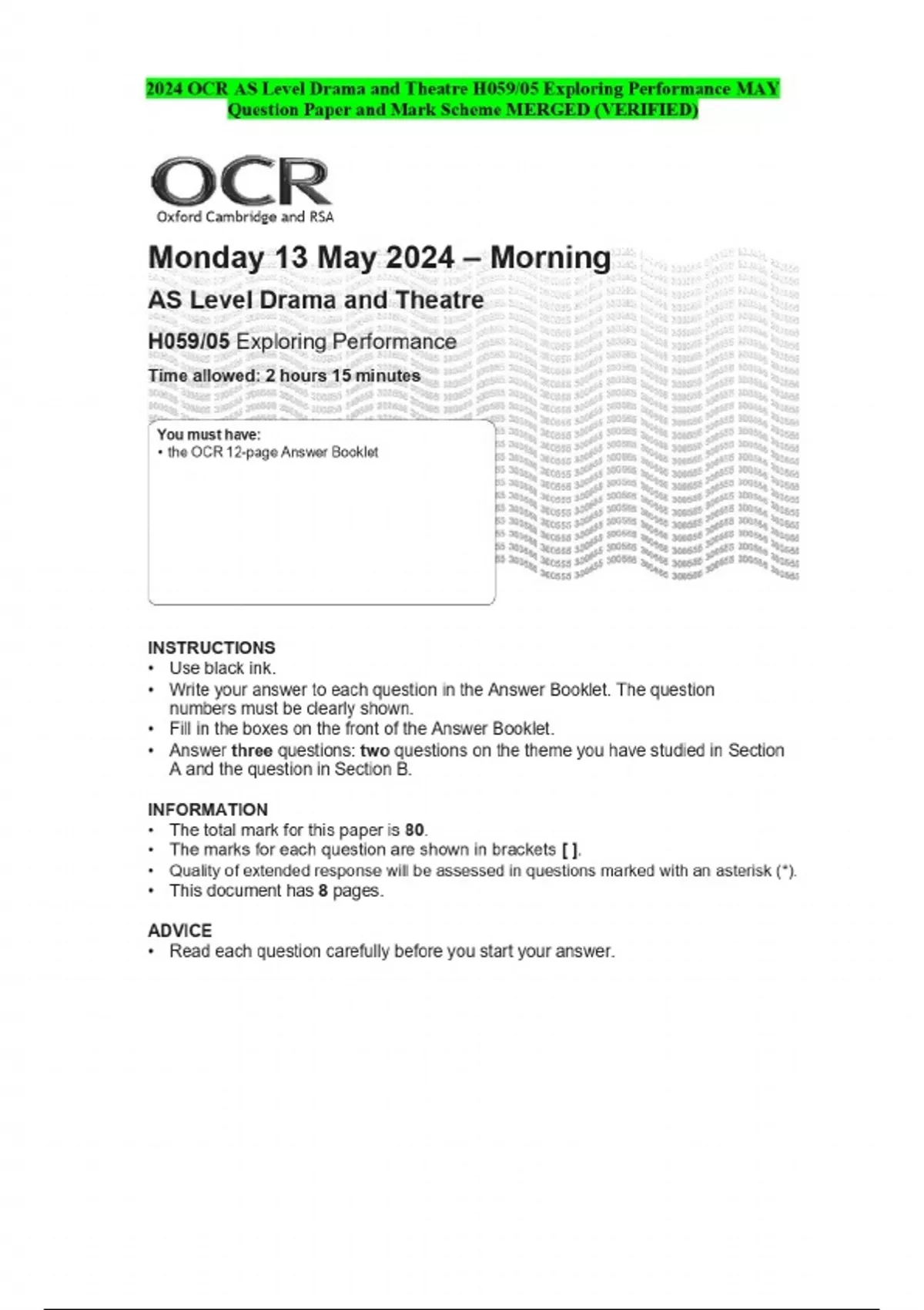 2024 OCR AS Level Drama and Theatre H059/05 Exploring Performance MAY ...