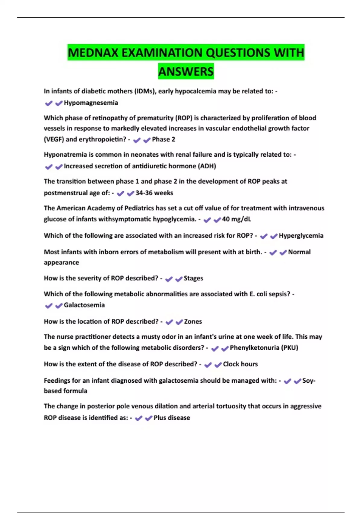 MEDNAX EXAMINATION QUESTIONS WITH ANSWERS - MEDX - Stuvia US