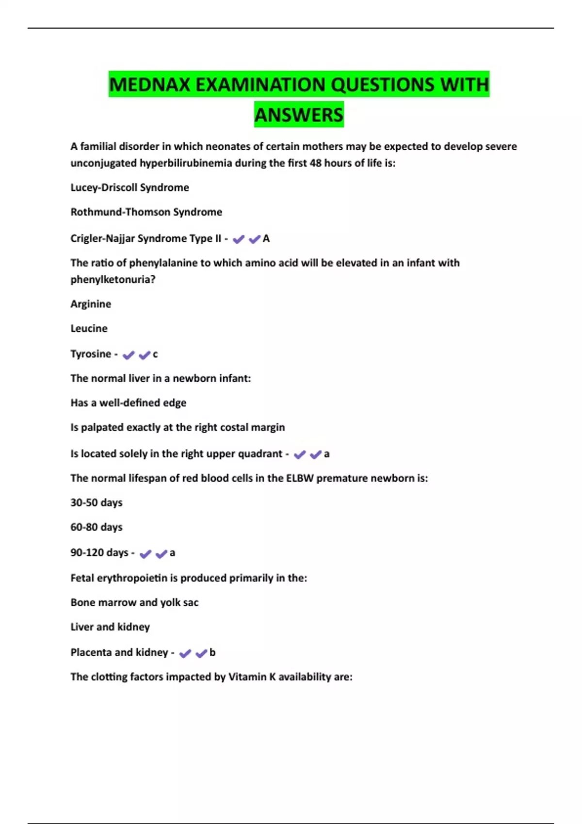 MEDNAX EXAMINATION QUESTIONS WITH ANSWERS - MEDX - Stuvia US