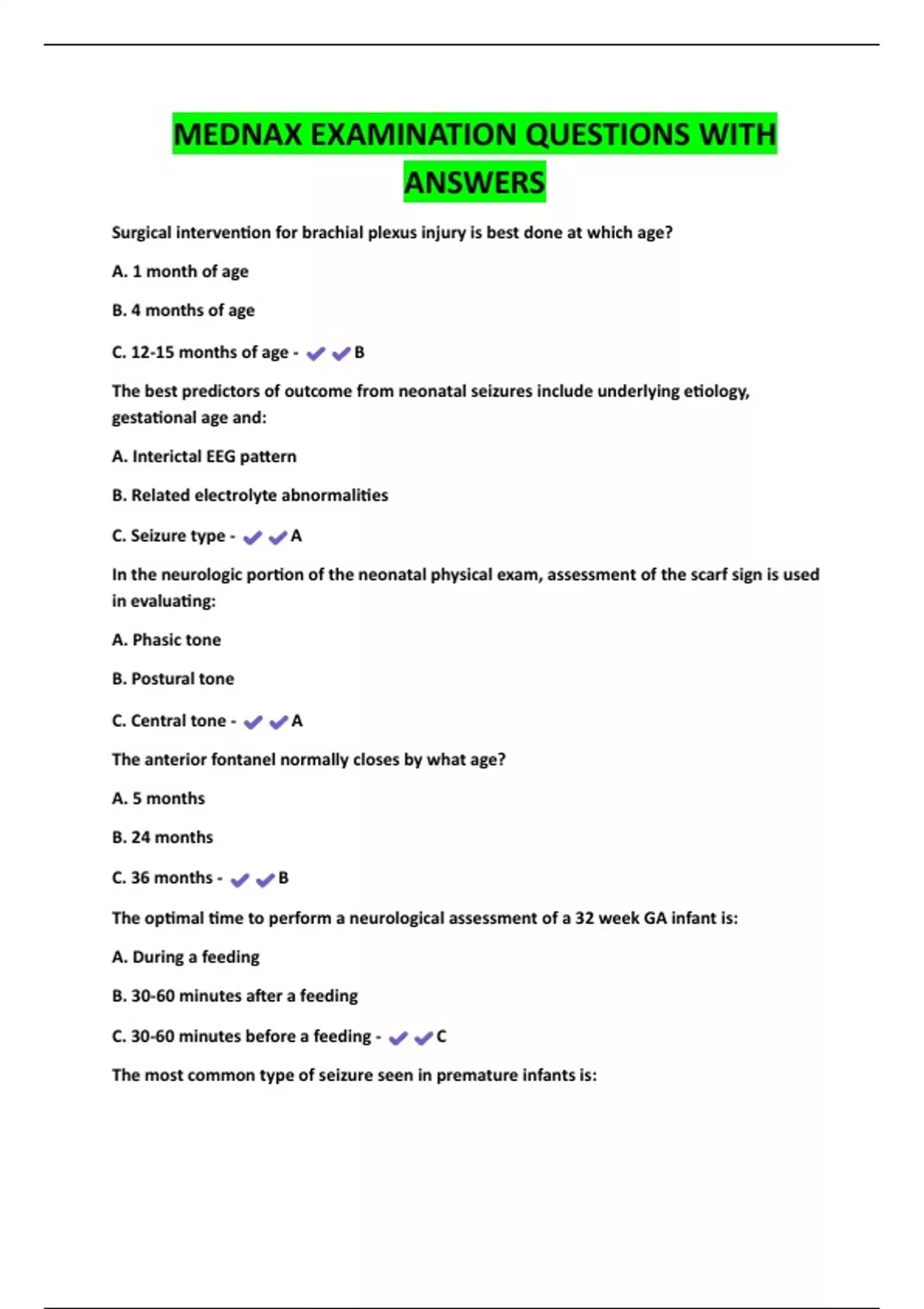 MEDNAX EXAMINATION QUESTIONS WITH ANSWERS - MEDX - Stuvia US