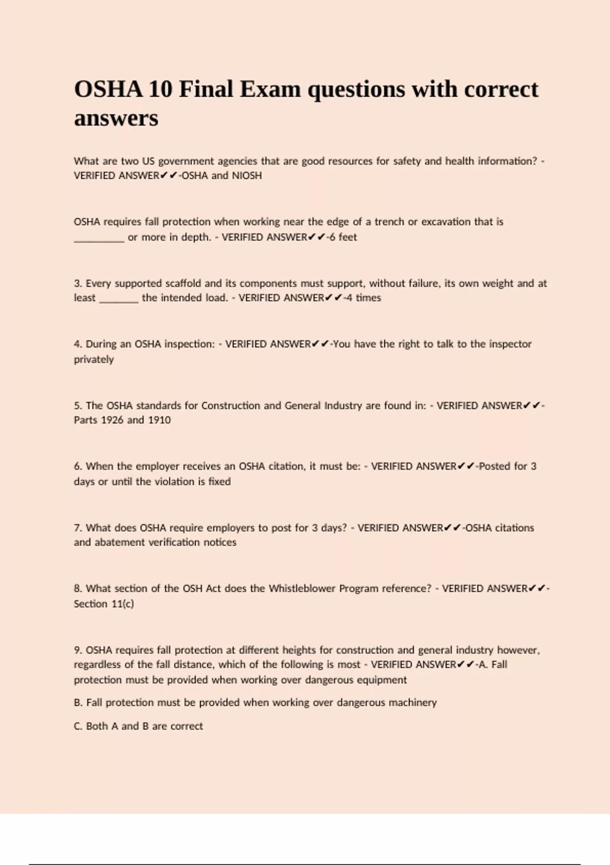 OSHA 10 Final Exam questions with correct answers - OSHA 10 - Stuvia US