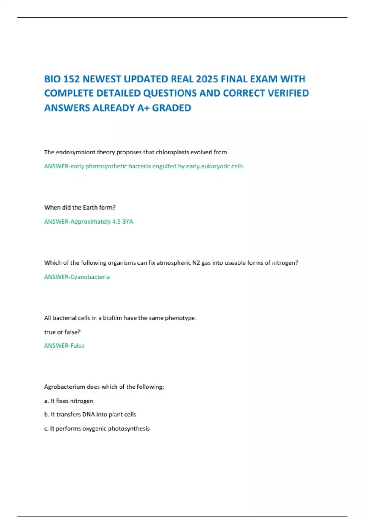 BIO 152 NEWEST UPDATED REAL 2025 FINAL EXAM WITH COMPLETE DETAILED ...
