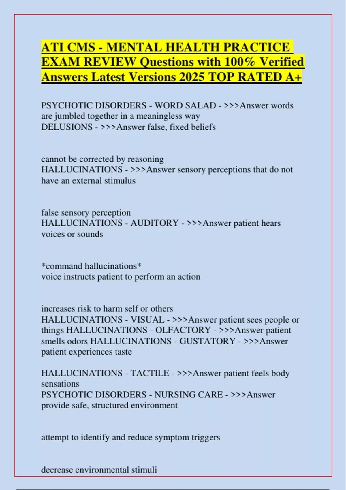 ATI CMS - MENTAL HEALTH PRACTICE EXAM REVIEW Questions with 100 ...