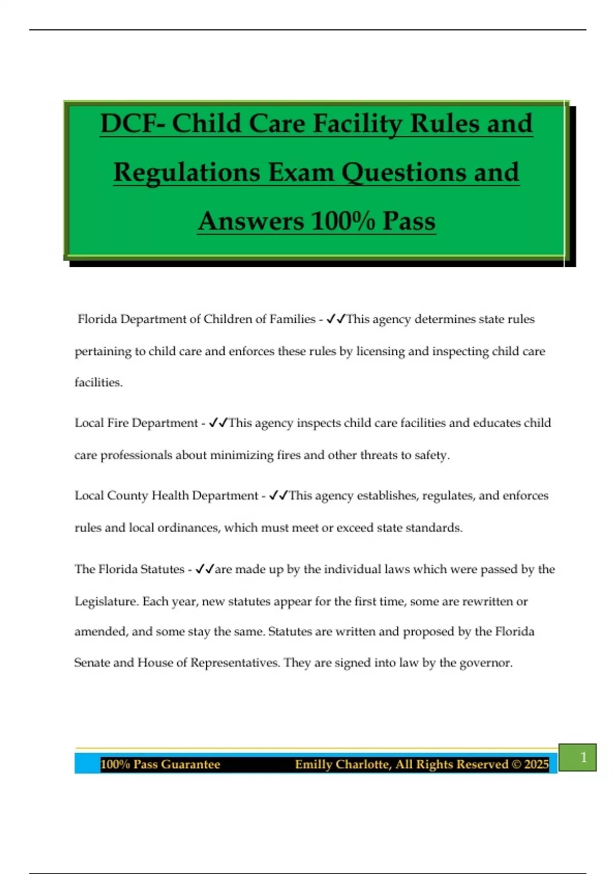 DCF- Child Care Facility Rules and Regulations Exam Questions and ...