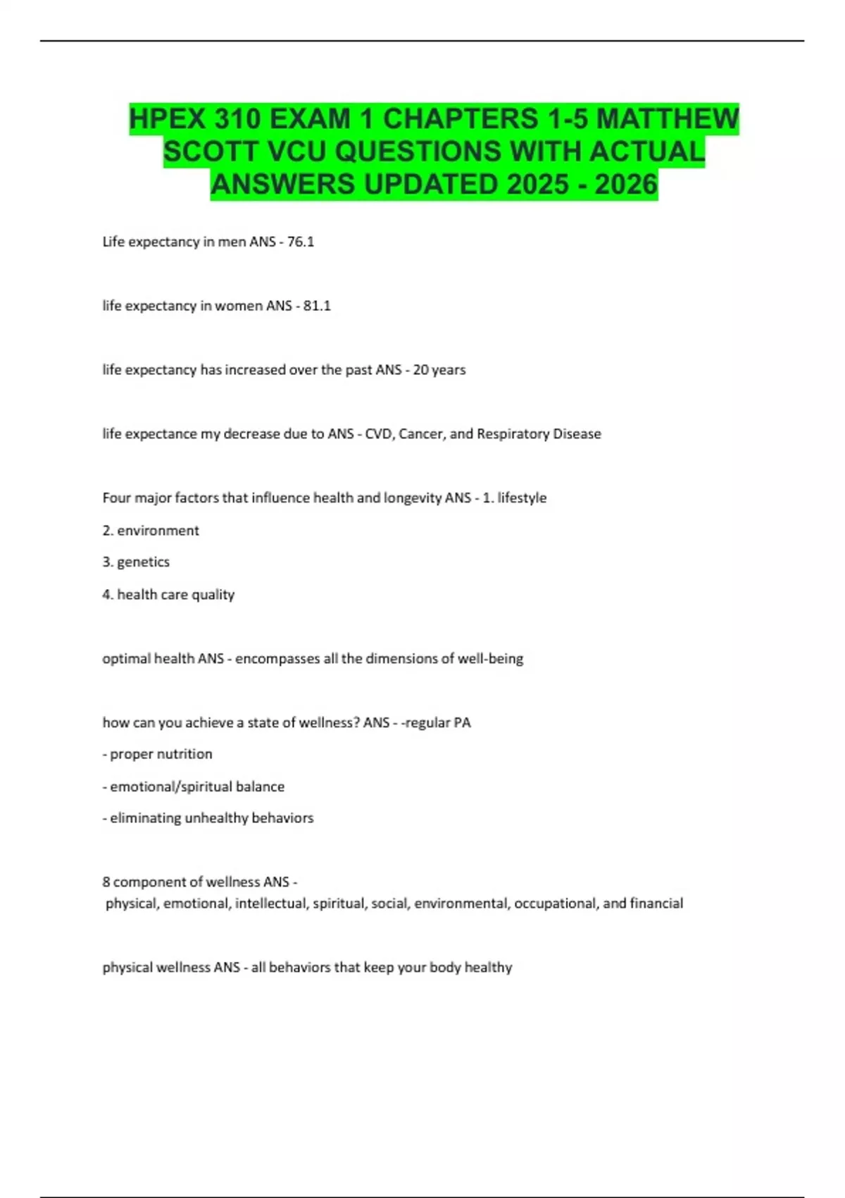 HPEX 310 EXAM 1 CHAPTERS 1-5 MATTHEW SCOTT VCU QUESTIONS WITH ACTUAL ...