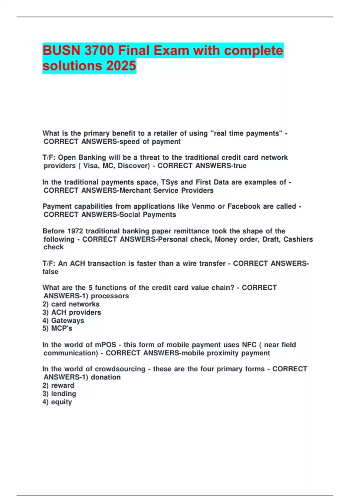 BUSN 3700 Final Exam with complete solutions 2025. - BUSN 3700 - Stuvia US