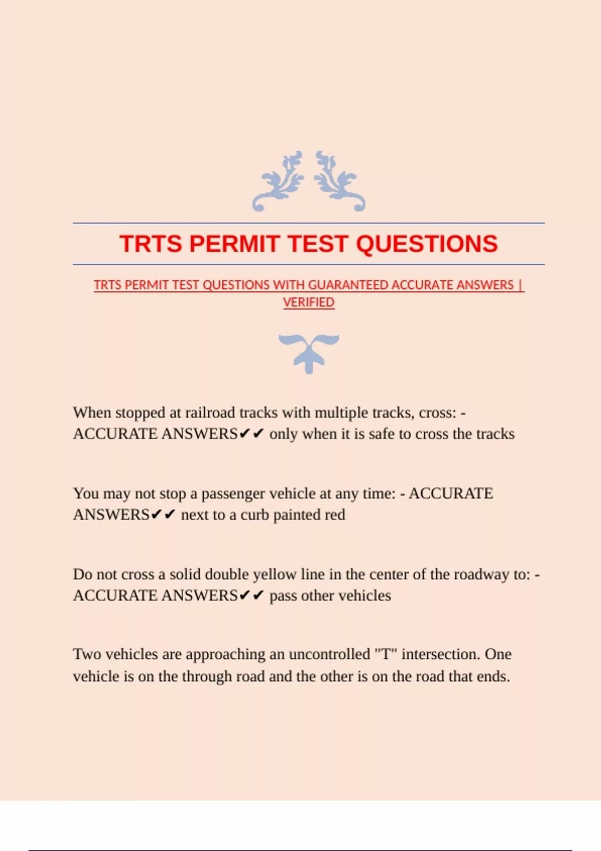 TRTS PERMIT TEST QUESTIONS WITH GUARANTEED ACCURATE ANSWERS |VERIFIED ...