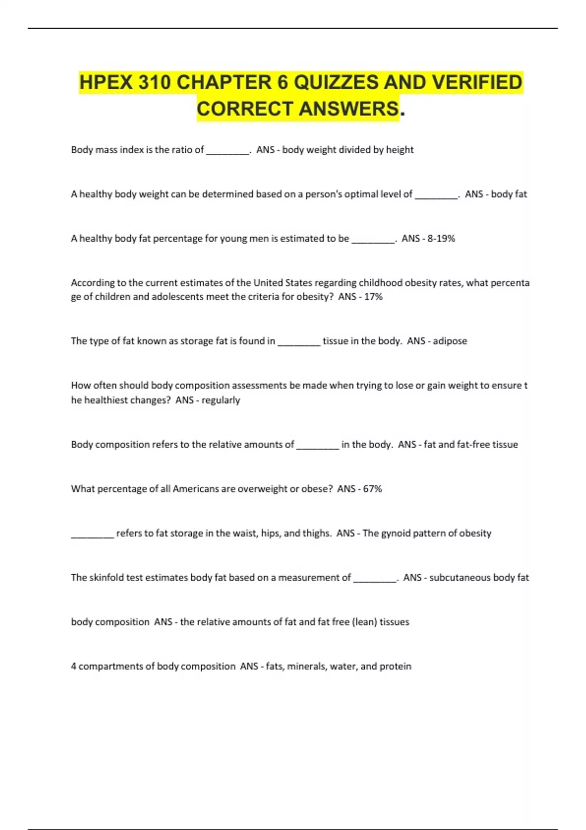 HPEX 310 CHAPTER 6 QUIZZES AND VERIFIED CORRECT ANSWERS - HPEX 310 - Stuvia US