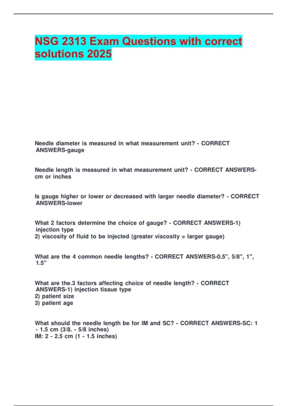 NSG 2313 Exam Questions with correct solutions 2025. - NSG 2313 - Stuvia US