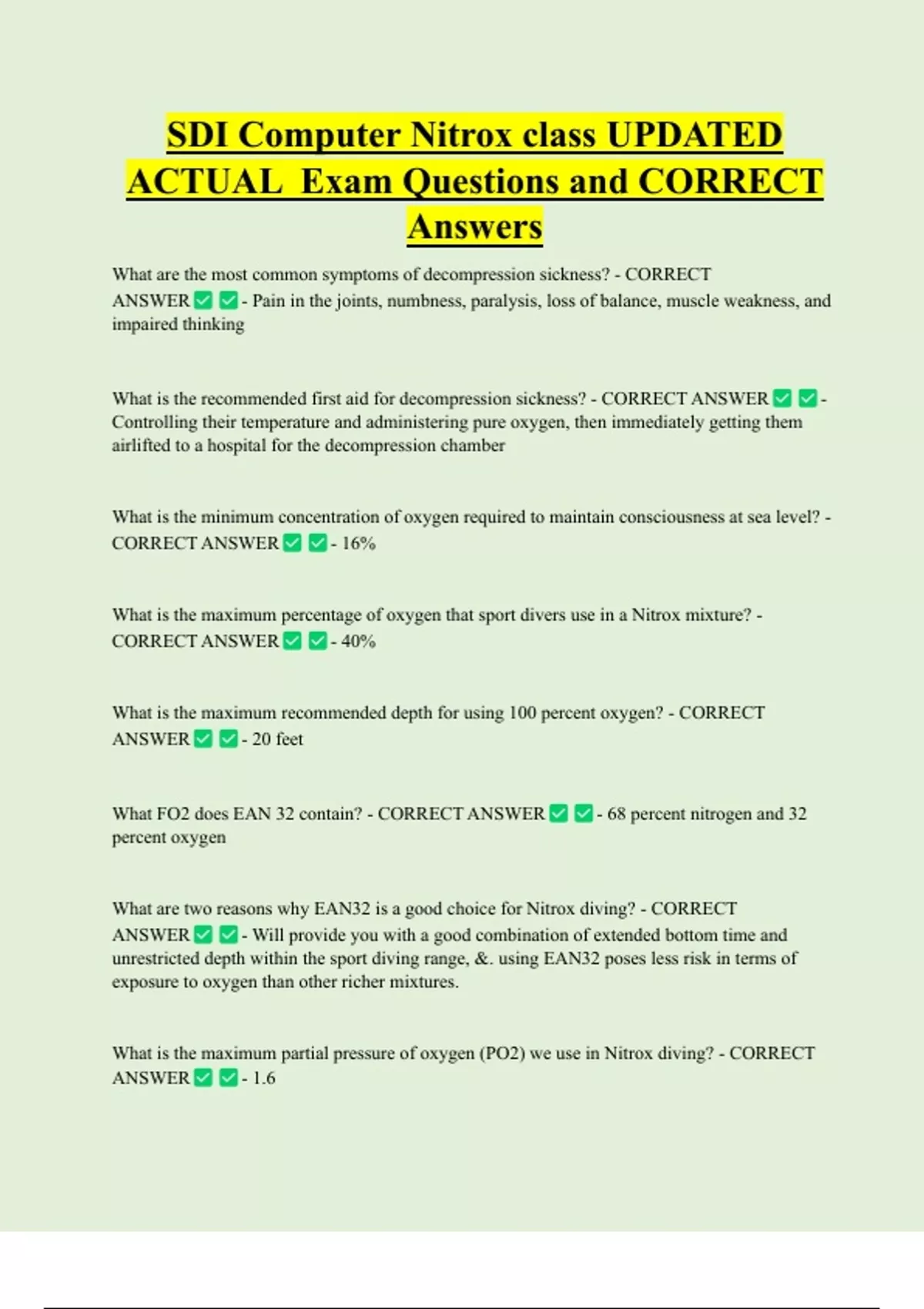 SDI Computer Nitrox class UPDATED ACTUAL Exam Questions and CORRECT Answers - SDI - Stuvia US