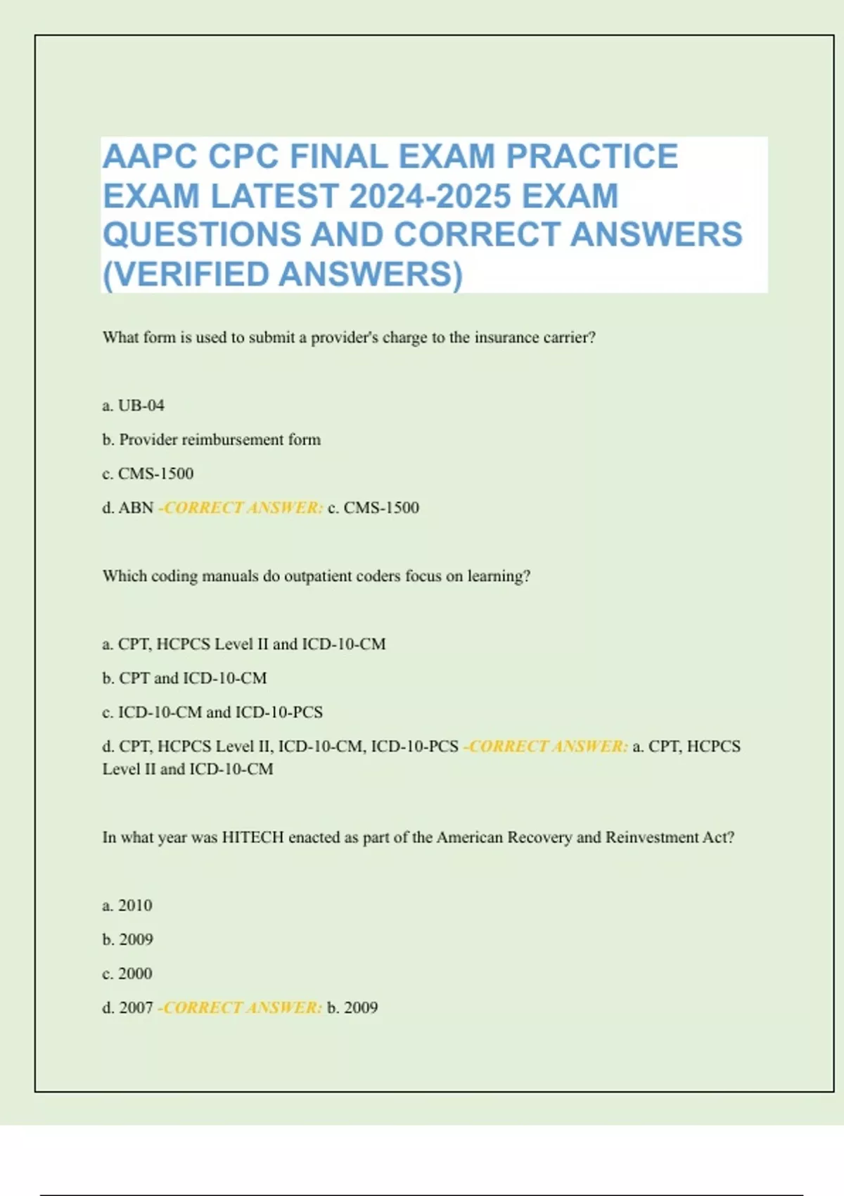 AAPC CPC FINAL EXAM PRACTICE EXAM LATEST EXAM QUESTIONS AND CORRECT ...