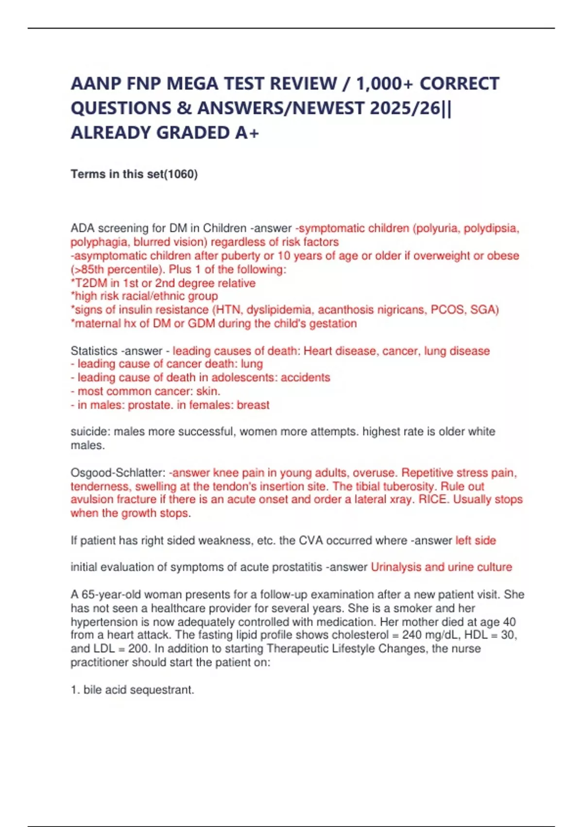 AANP FNP MEGA TEST REVIEW / 1,000+ CORRECT QUESTIONS & ANSWERS/NEWEST ...