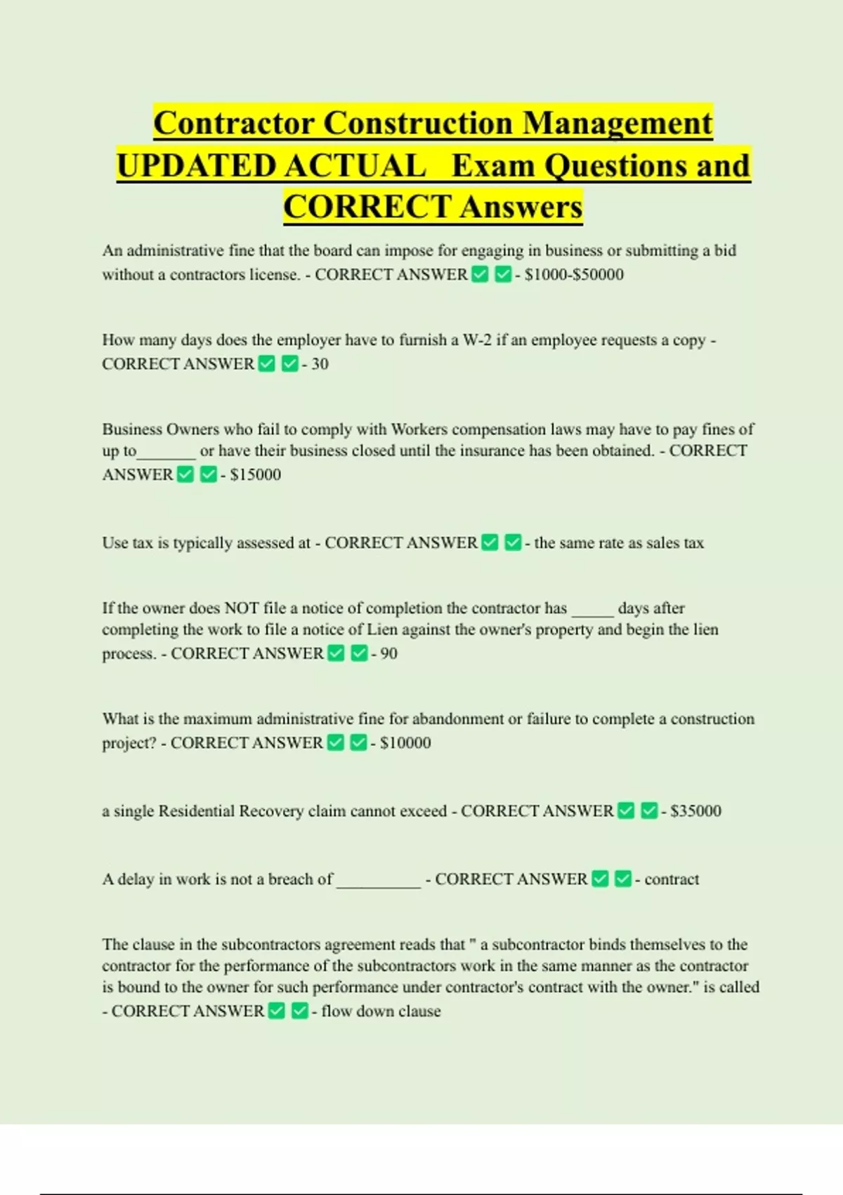 Contractor Construction Management UPDATED ACTUAL Exam Questions and ...