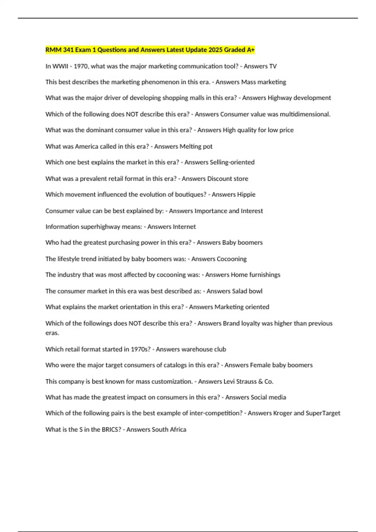 RMM 341 Exam 1 Questions and Answers Latest Update 2025 Graded A+ - RMM ...