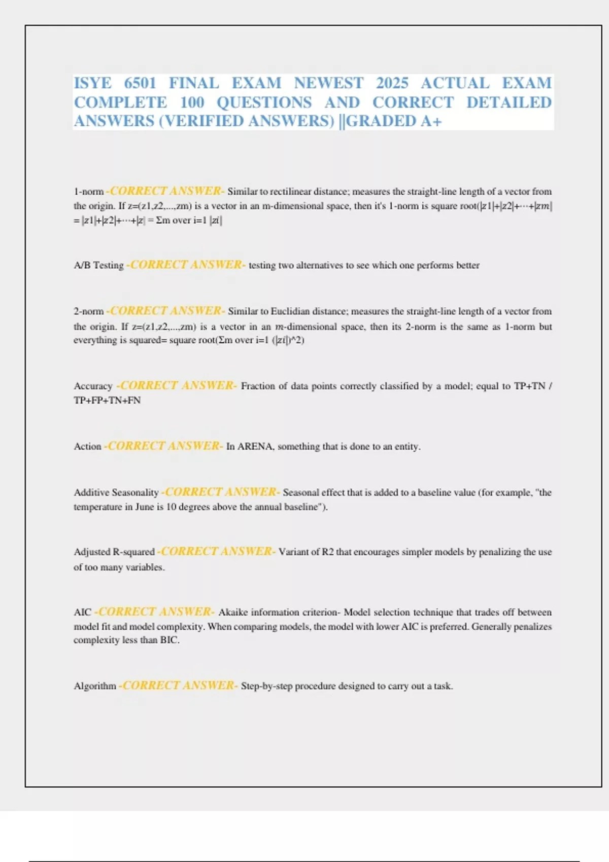 ISYE 6501 FINAL EXAM NEWEST 2025 ACTUAL EXAM COMPLETE 100 QUESTIONS AND CORRECT DETAILED ANSWERS ...