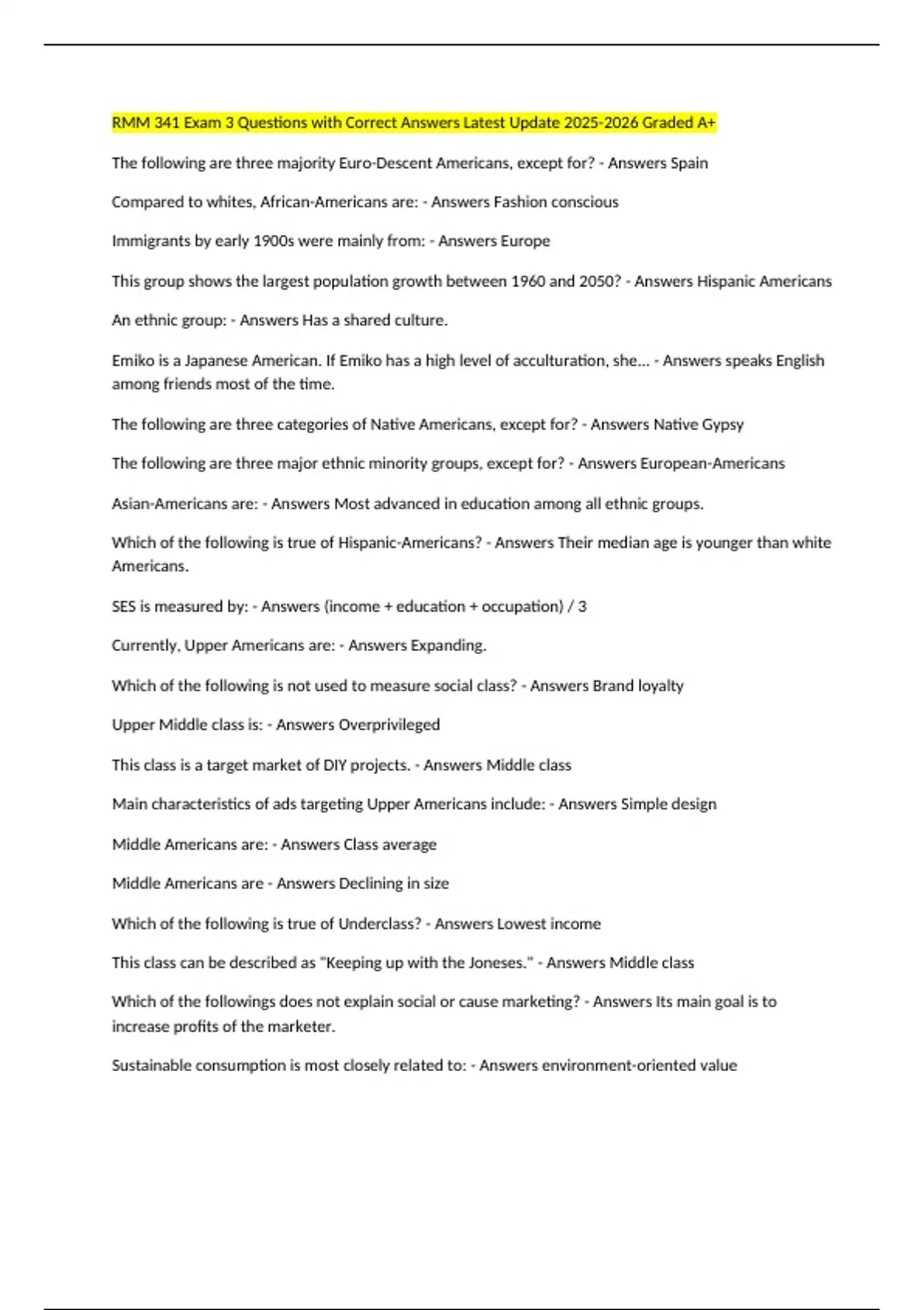 RMM 341 Exam 3 Questions with Correct Answers Latest Update Graded A+ ...