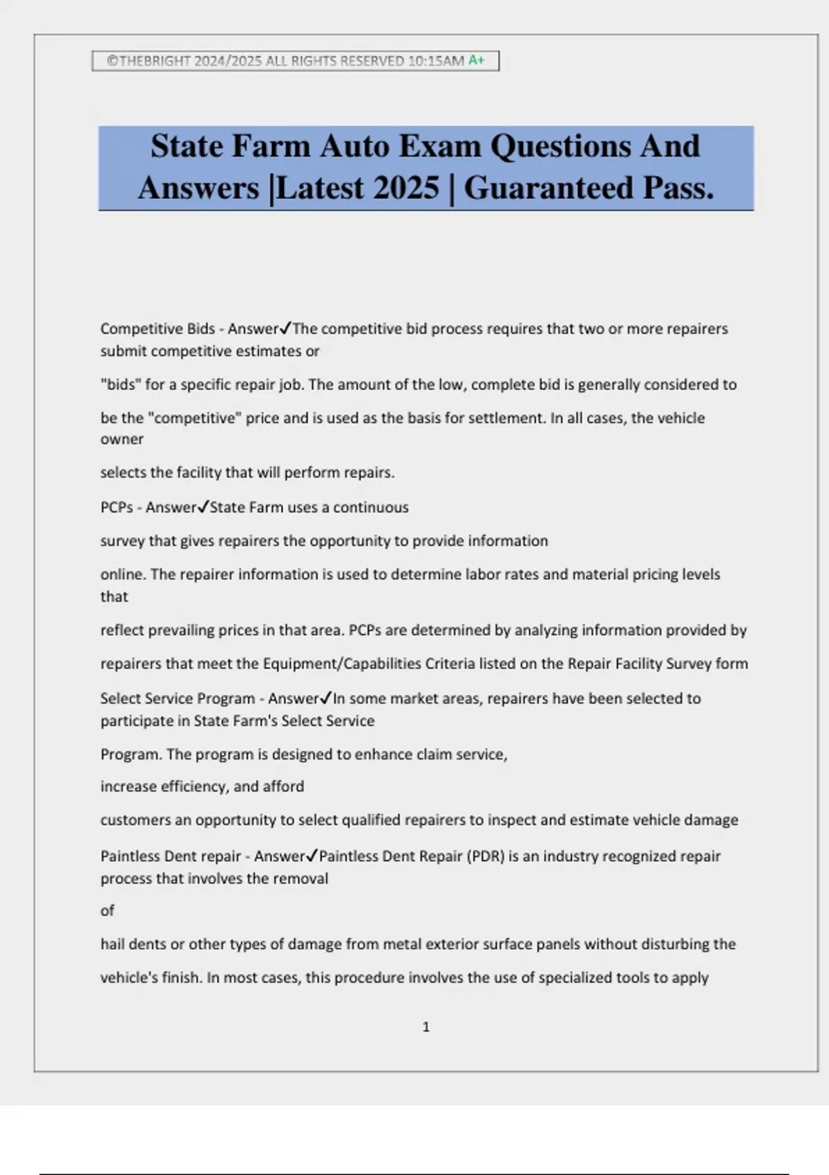 State Farm Auto Exam Questions And Answers |Latest 2025 | Guaranteed ...