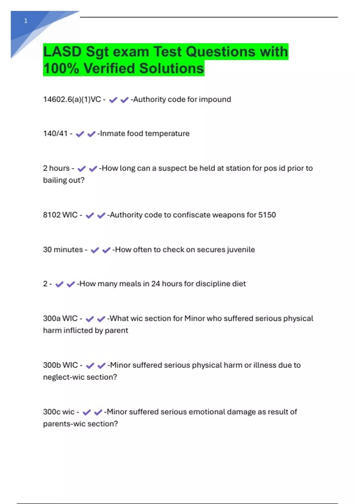LASD Sgt exam Test Questions with 100% Verified Solutions - LASD Sgt ...