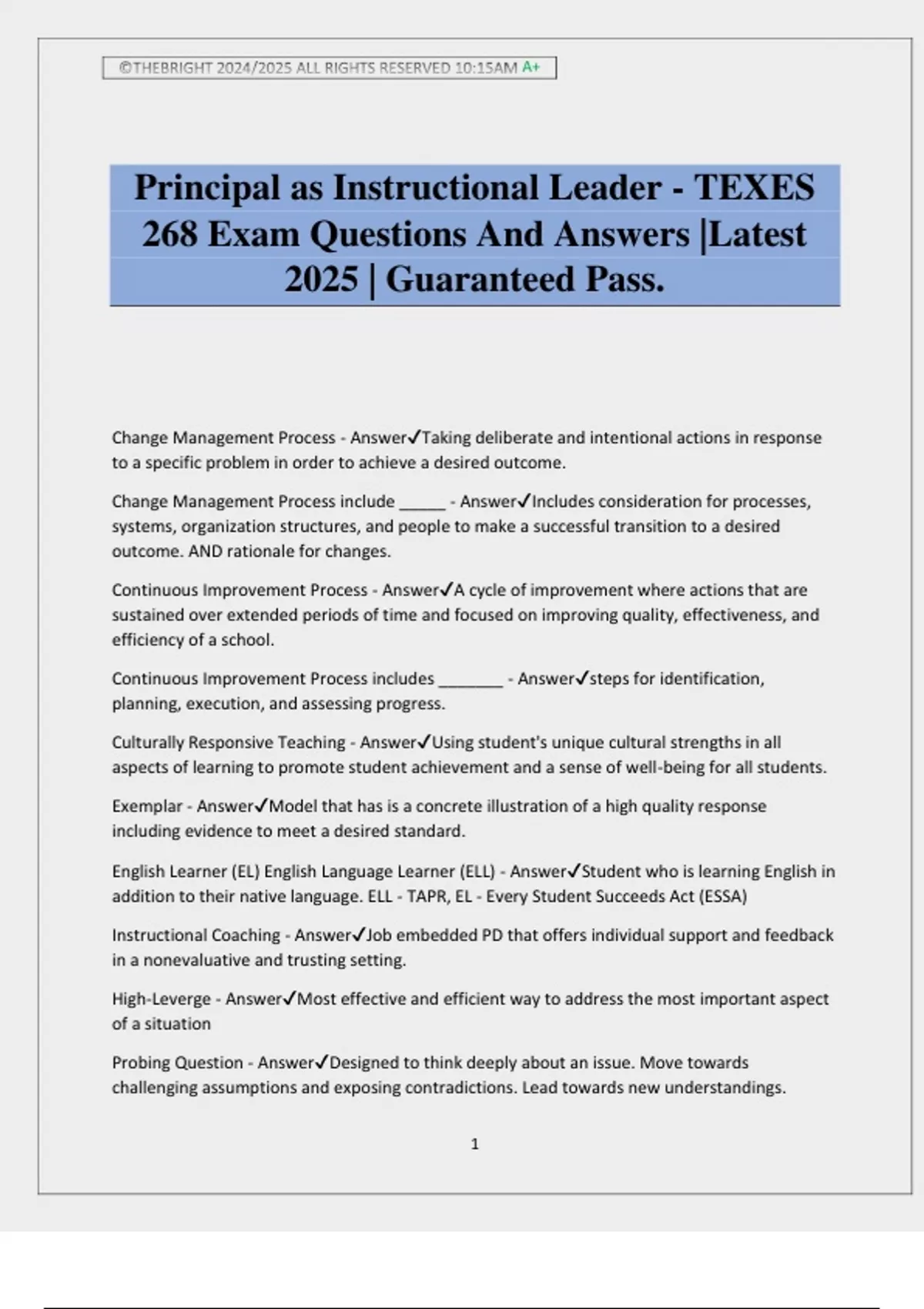 Principal as Instructional Leader - TEXES 268 Exam Questions And ...