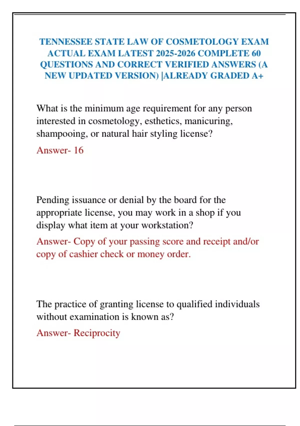 TENNESSEE STATE LAW OF COSMETOLOGY EXAM ACTUAL EXAM LATEST COMPLETE 60 ...