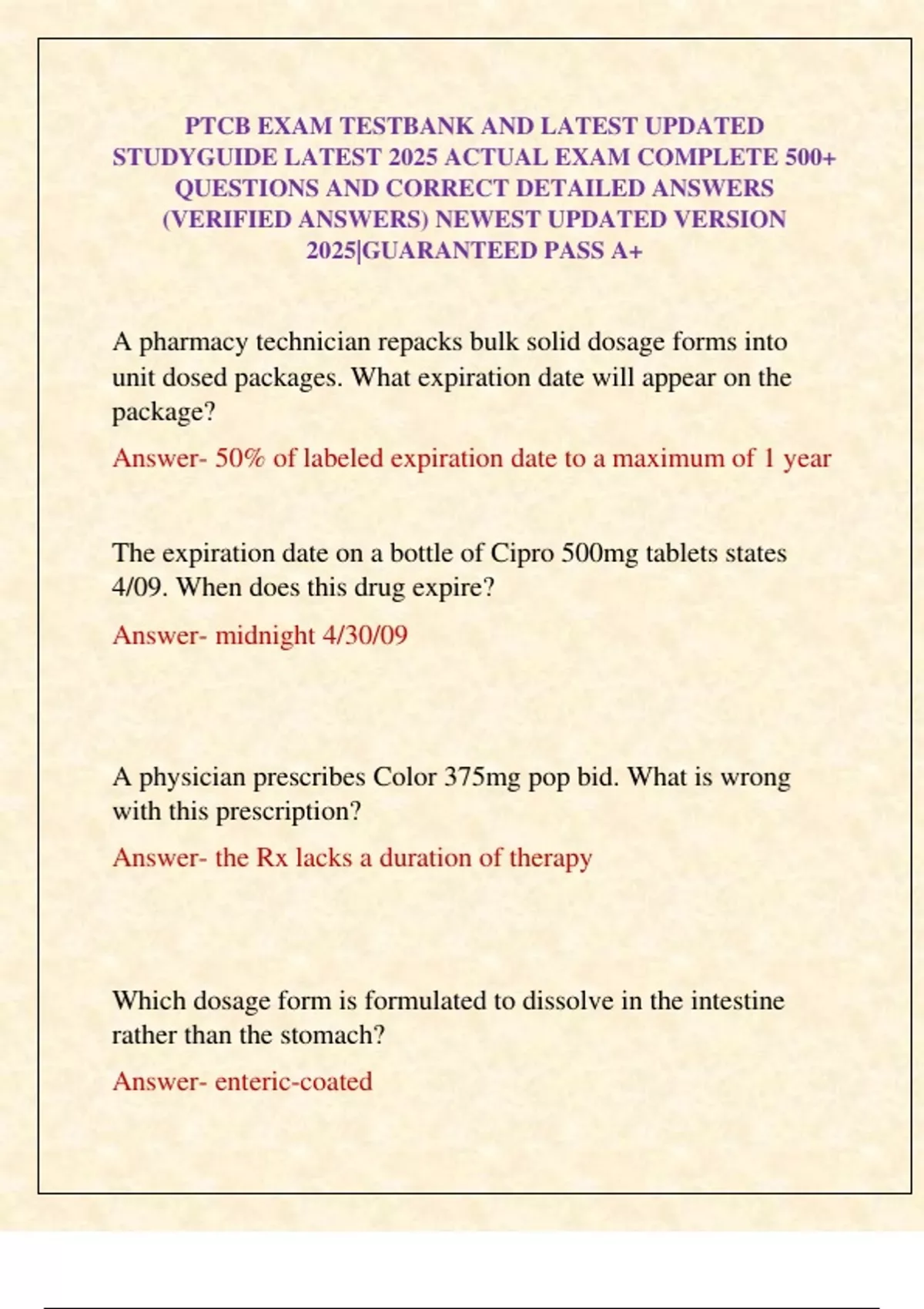 PTCB EXAM TESTBANK AND LATEST UPDATED STUDYGUIDE LATEST 2025 ACTUAL ...