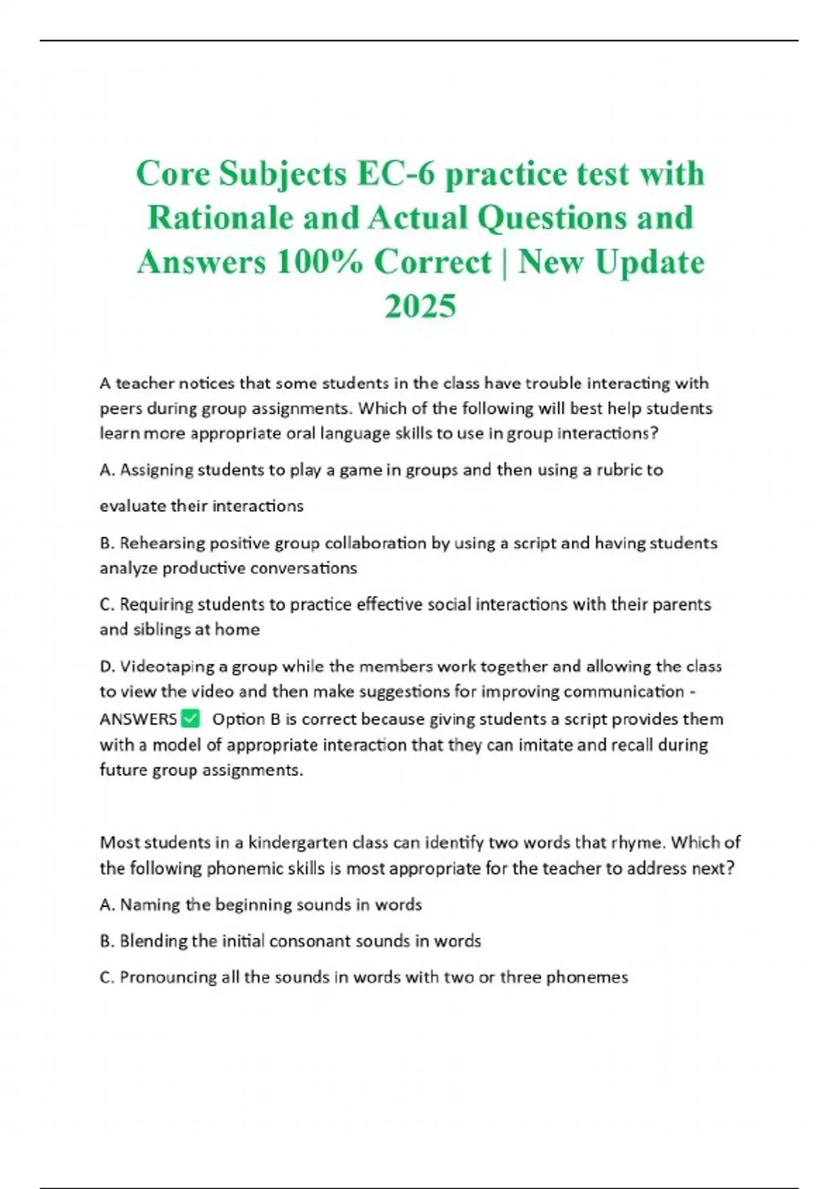 Core Subjects EC-6 practice test with Rationale and Actual Questions ...