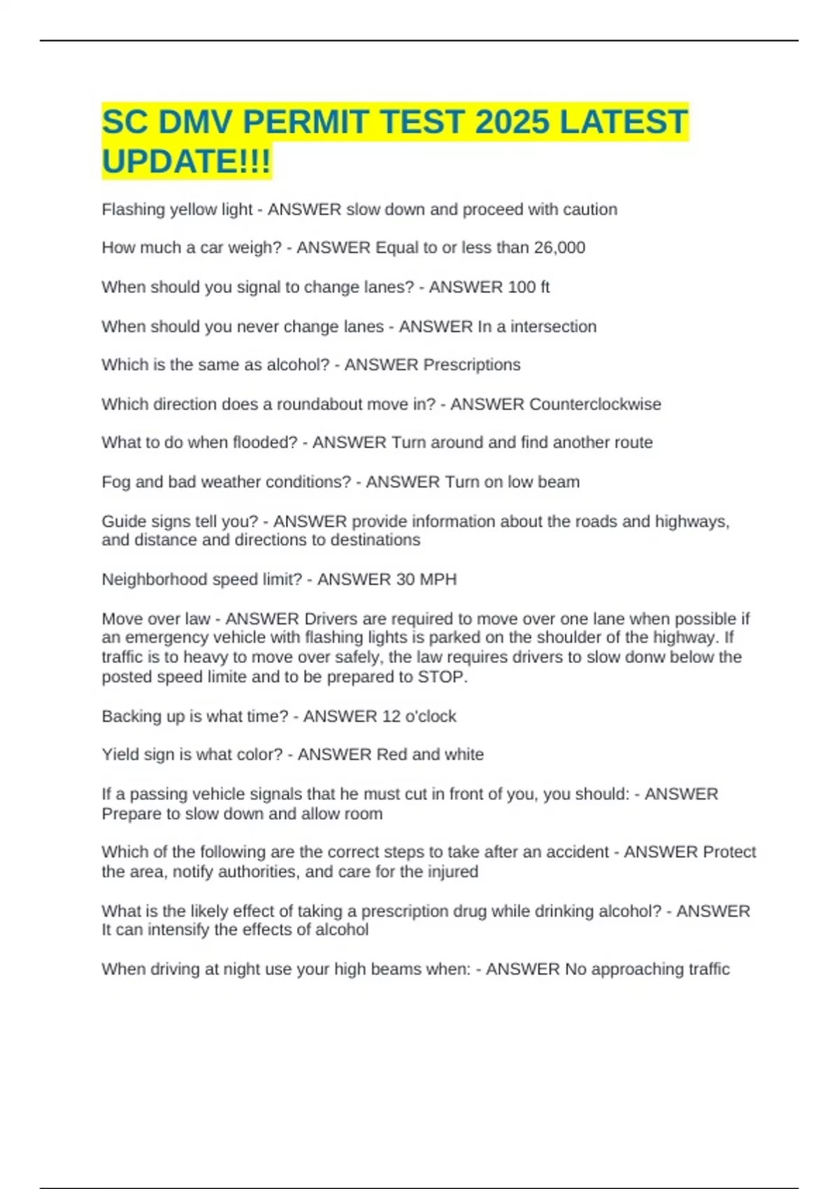 SC DMV PERMIT TEST 2025 LATEST UPDATE!!! - South Carolina DMV Permit ...